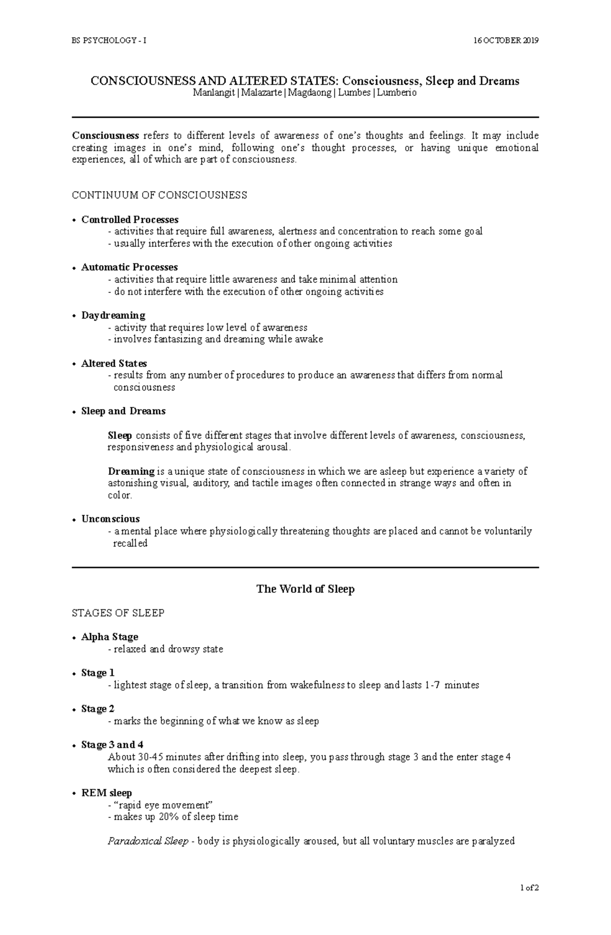 Consciousness Altered States - BS PSYCHOLOGY - I 16 OCTOBER 2019 ...