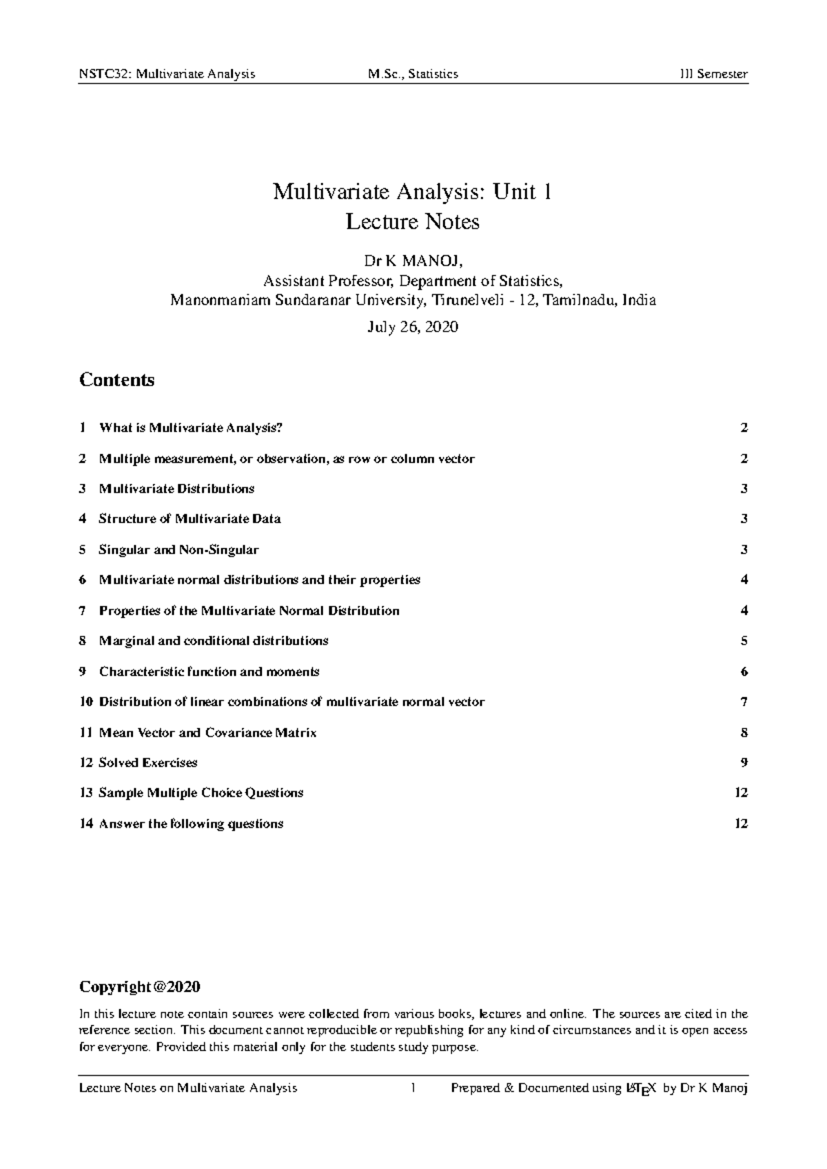 Unit 1 Multivariate Analysis Lecture Notes Multivariate Analysis