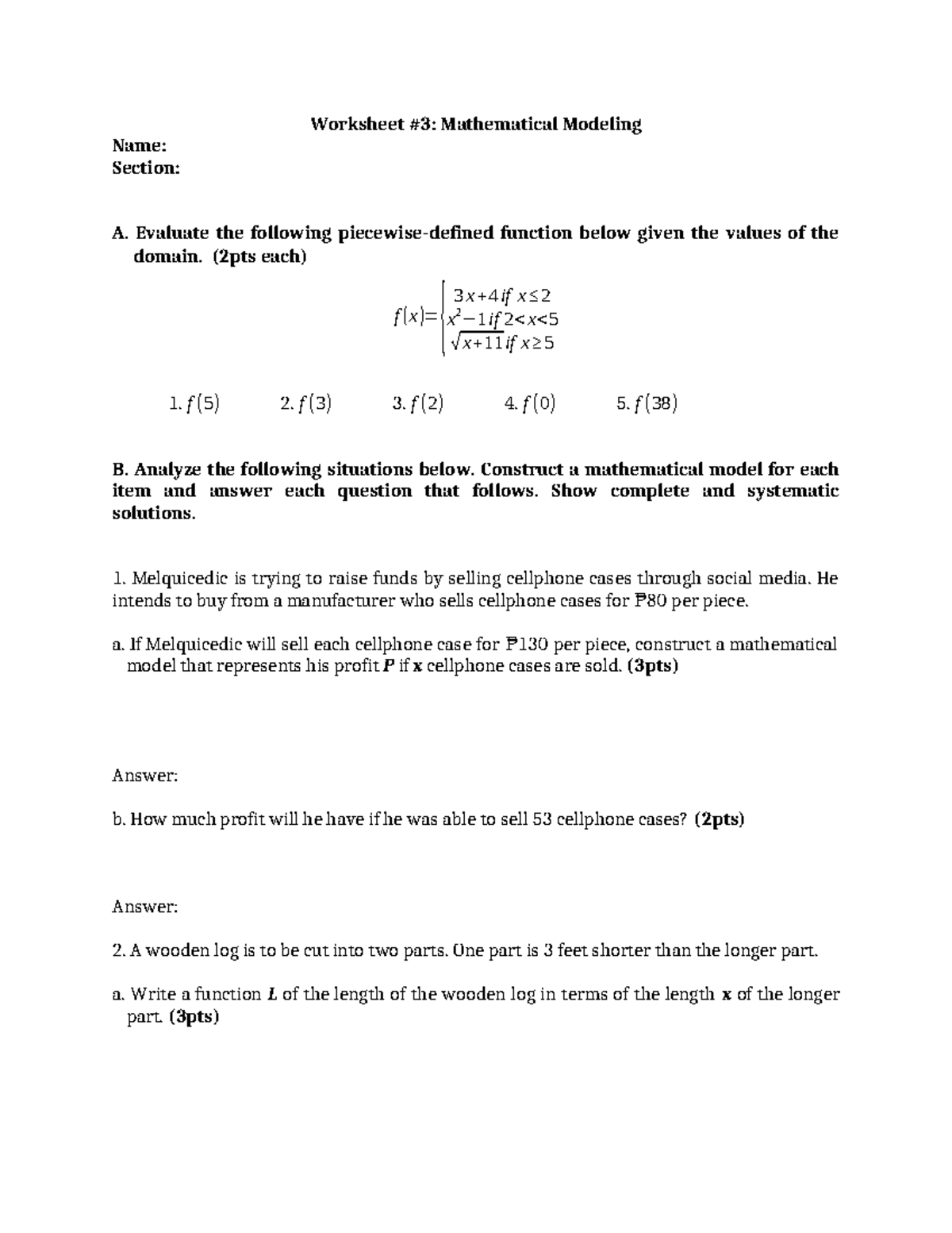 Worksheet No.3 2nd Quarter - Worksheet #3: Mathematical Modeling Name ...