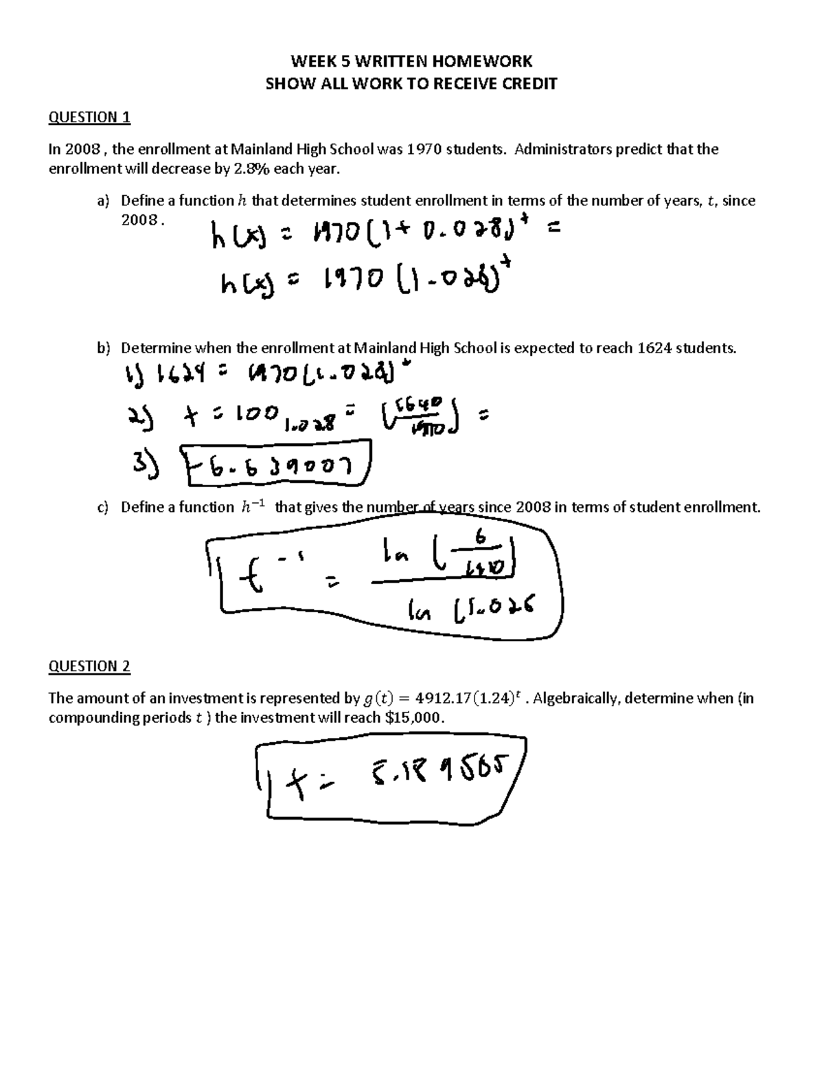 WEEK 05 Written Homework - WEEK 5 WRITTEN HOMEWORK SHOW ALL WORK TO ...