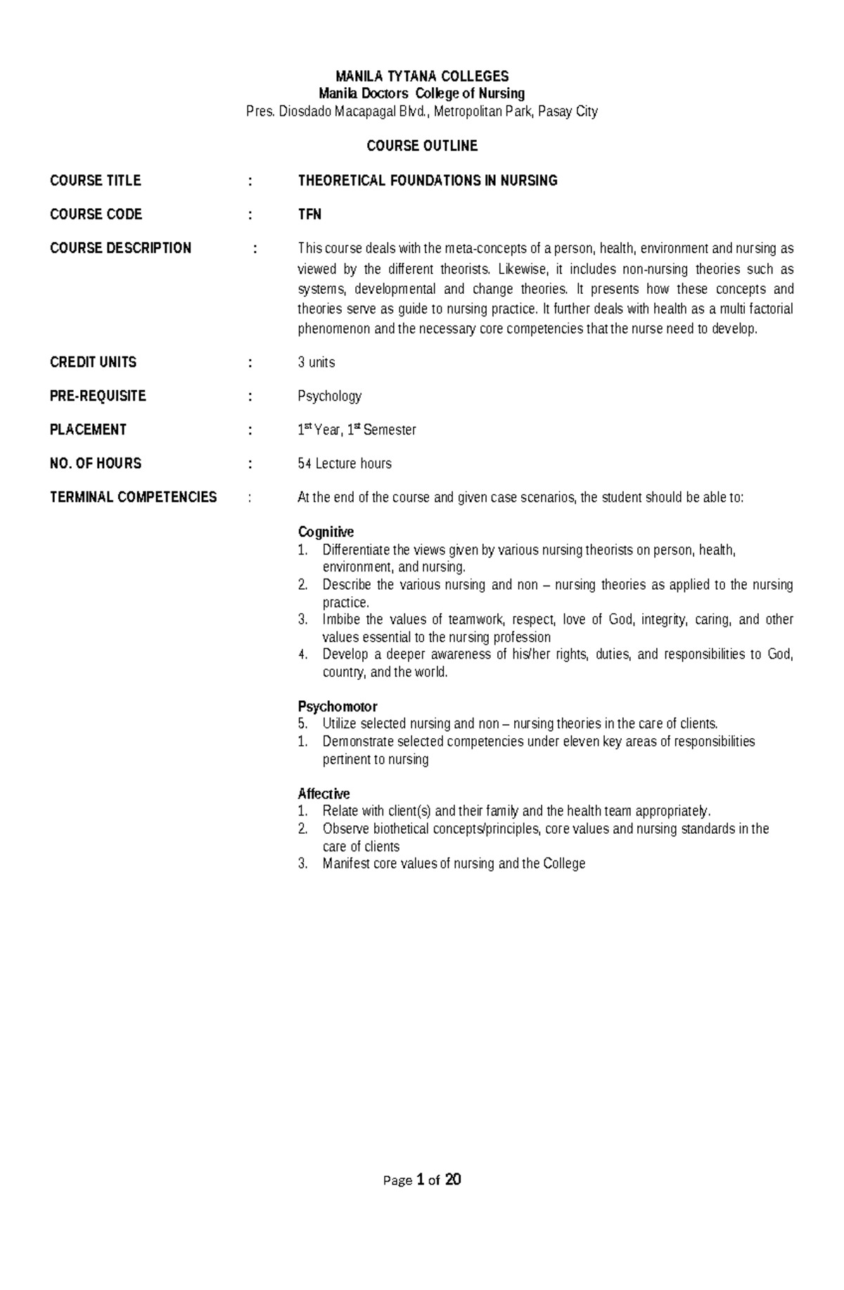 2012 nonog tfn course outline - MANILA TYTANA COLLEGES Manila Doctors ...