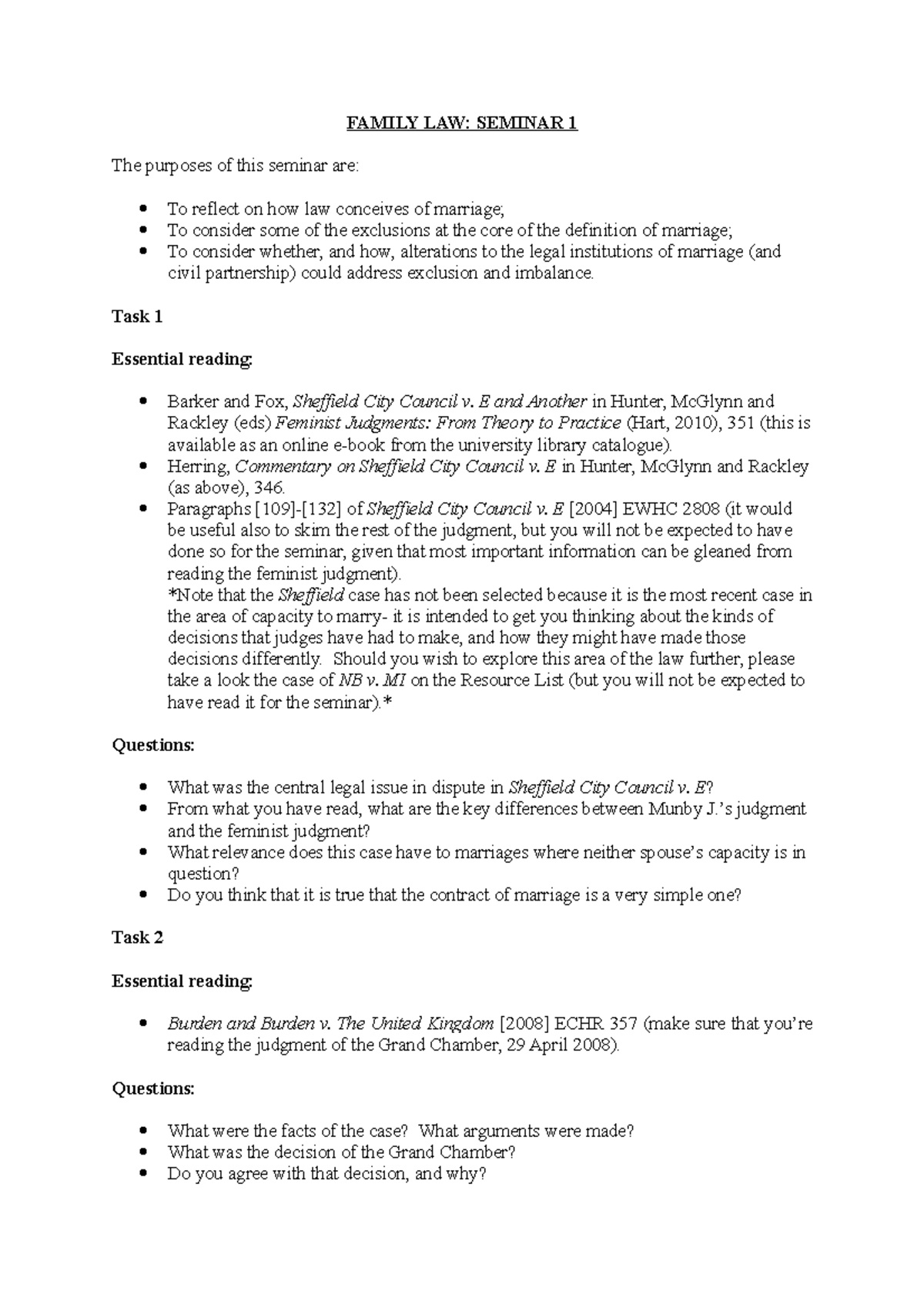 seminar 1 questions for Family Law 2021 - Birmingham - Studocu