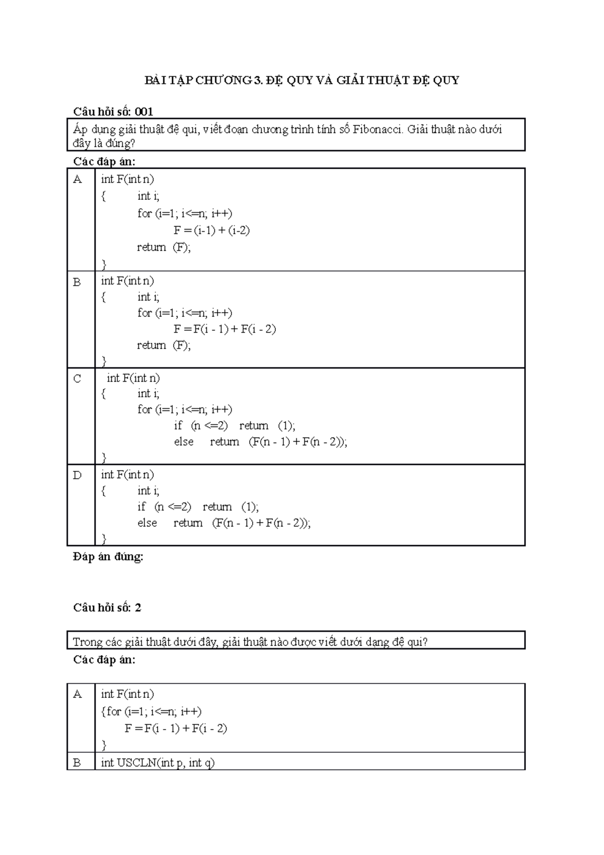 BTTN Chuong 3 De quy - Hihi - BÀI TẬP CHƯƠNG 3. ĐỆ QUY VÀ GIẢI THUẬT ĐỆ ...