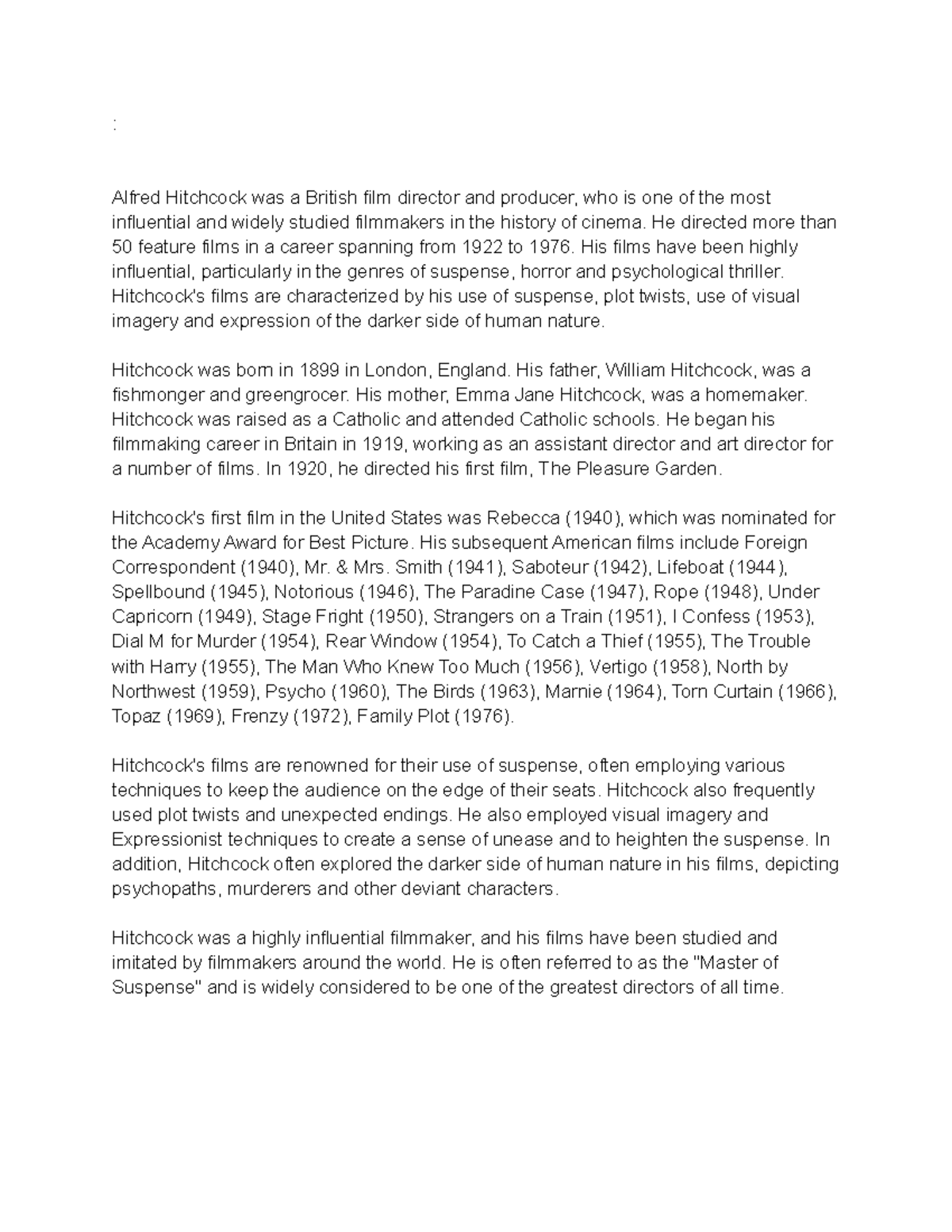 CMS271 course outline - : Alfred Hitchcock was a British film director ...