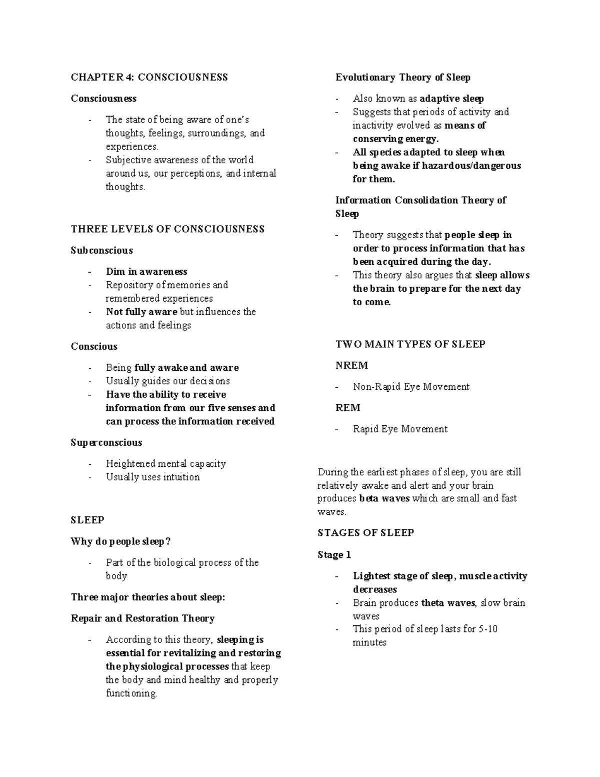 Psych 1 11 Chapter 4 Consciousness - CHAPTER 4: CONSCIOUSNESS ...