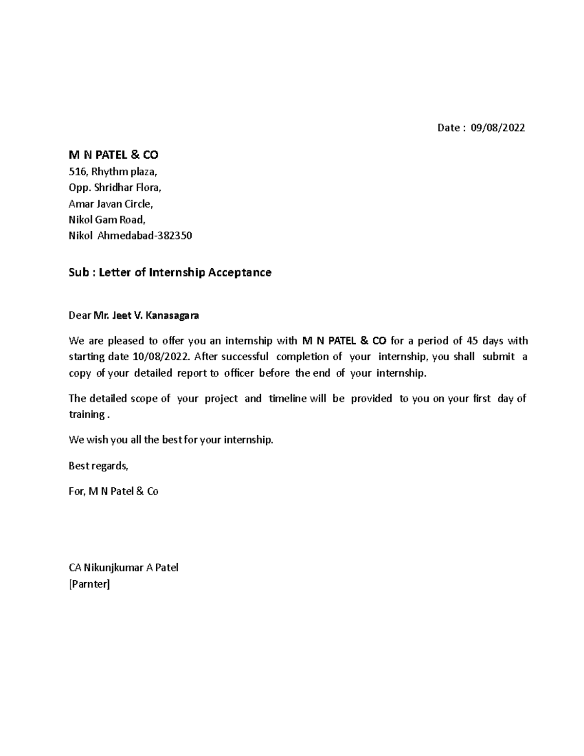 Confermation letter - This is very useful - Date : 09/08/ M N PATEL ...