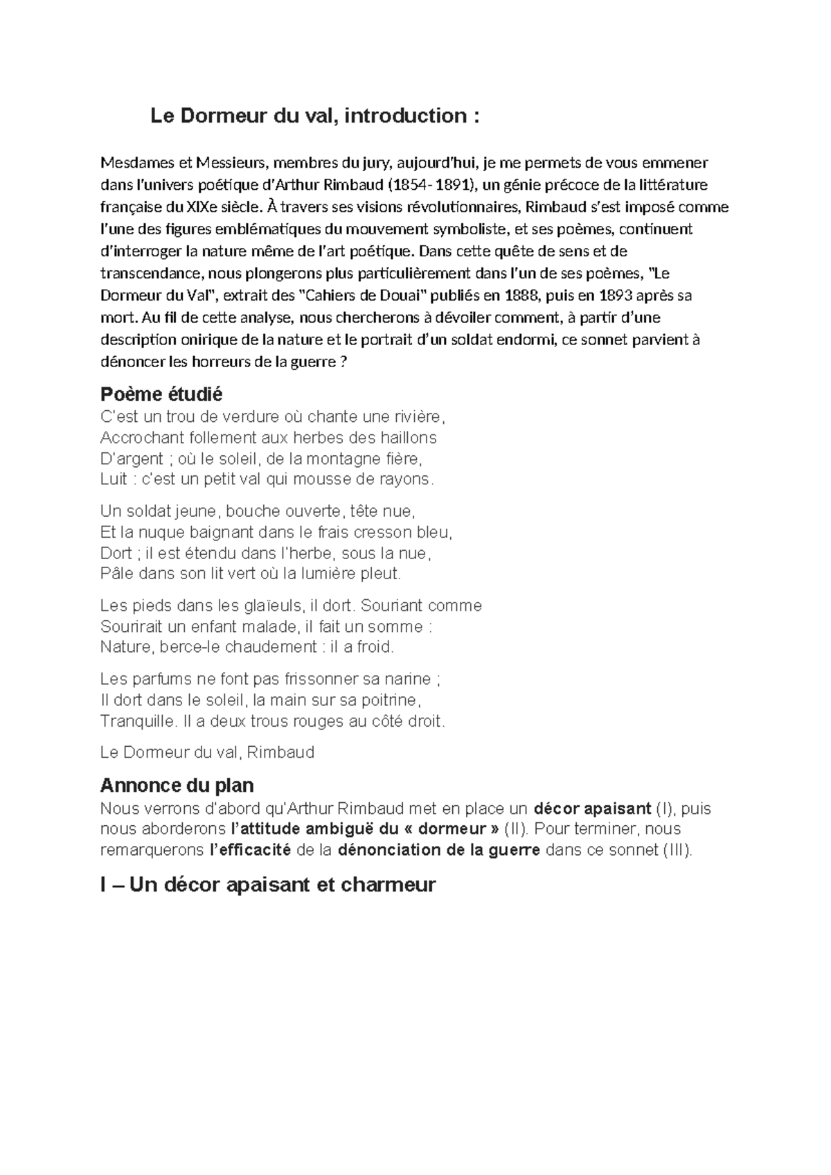 Le Dormeur du val - lecture lineaire - Le Dormeur du val, introduction ...