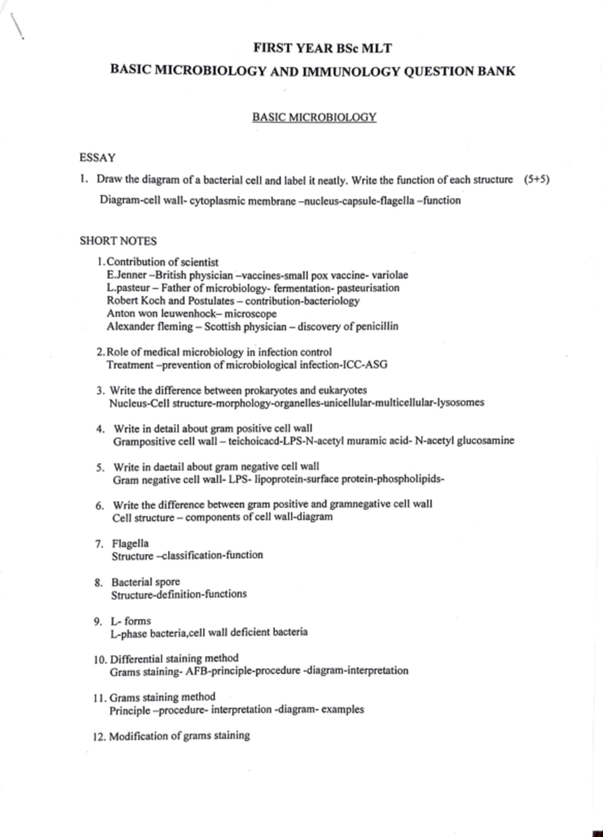DOC-20241008-WA0014 - Question paper - ####### \ FIRST YEAR BSc MLT BASIC MICROBIOLOGY AND - Studocu
