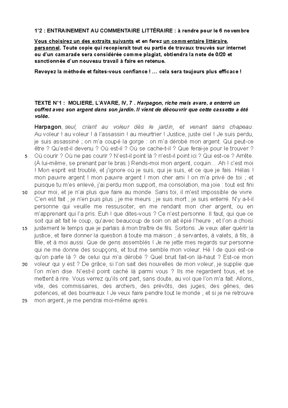 Sujet devoir commentaire maison - 1°2 : ENTRAINEMENT AU COMMENTAIRE ...