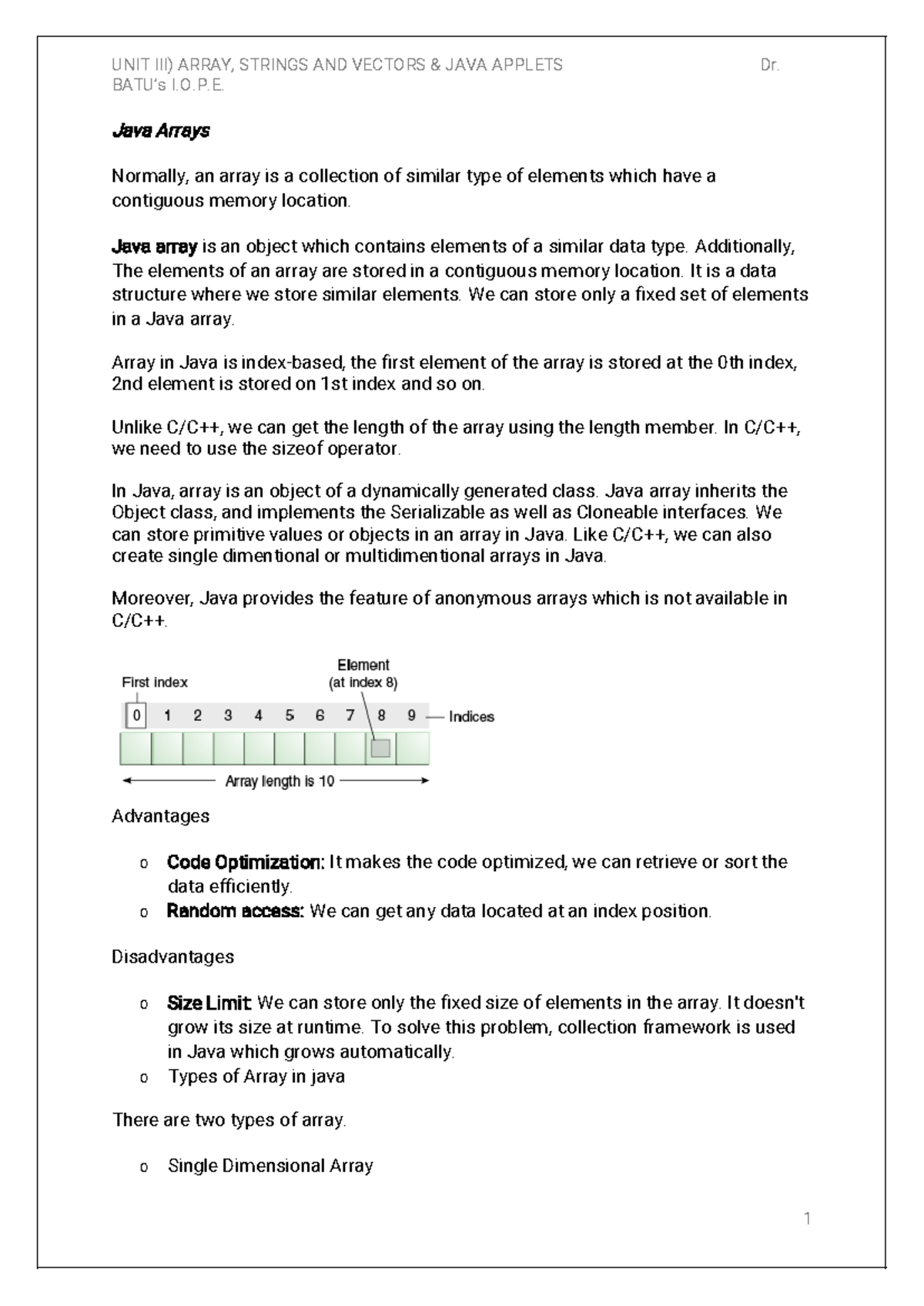 Array, Strings AND Vectors & JAVA Applets (UNIT III) - BATU’sI.O.P. JavaArrays - Studocu