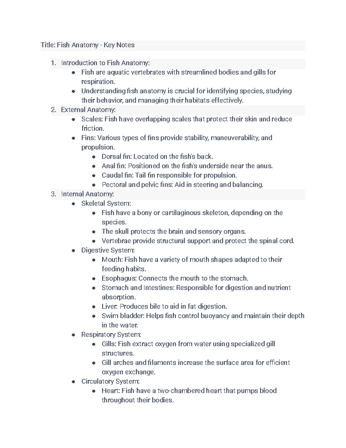 Title Fish Anatomy - Key Notes - Title: Fish Anatomy - Key Notes ...