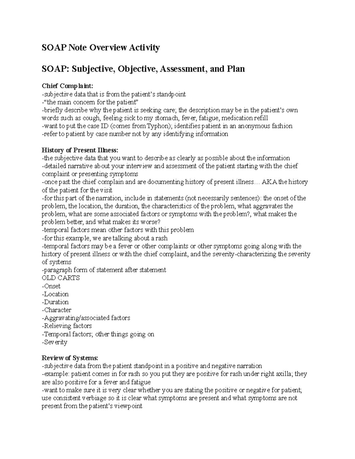 SOAP Note Overview Notes - SOAP Note Overview Activity SOAP: Subjective ...