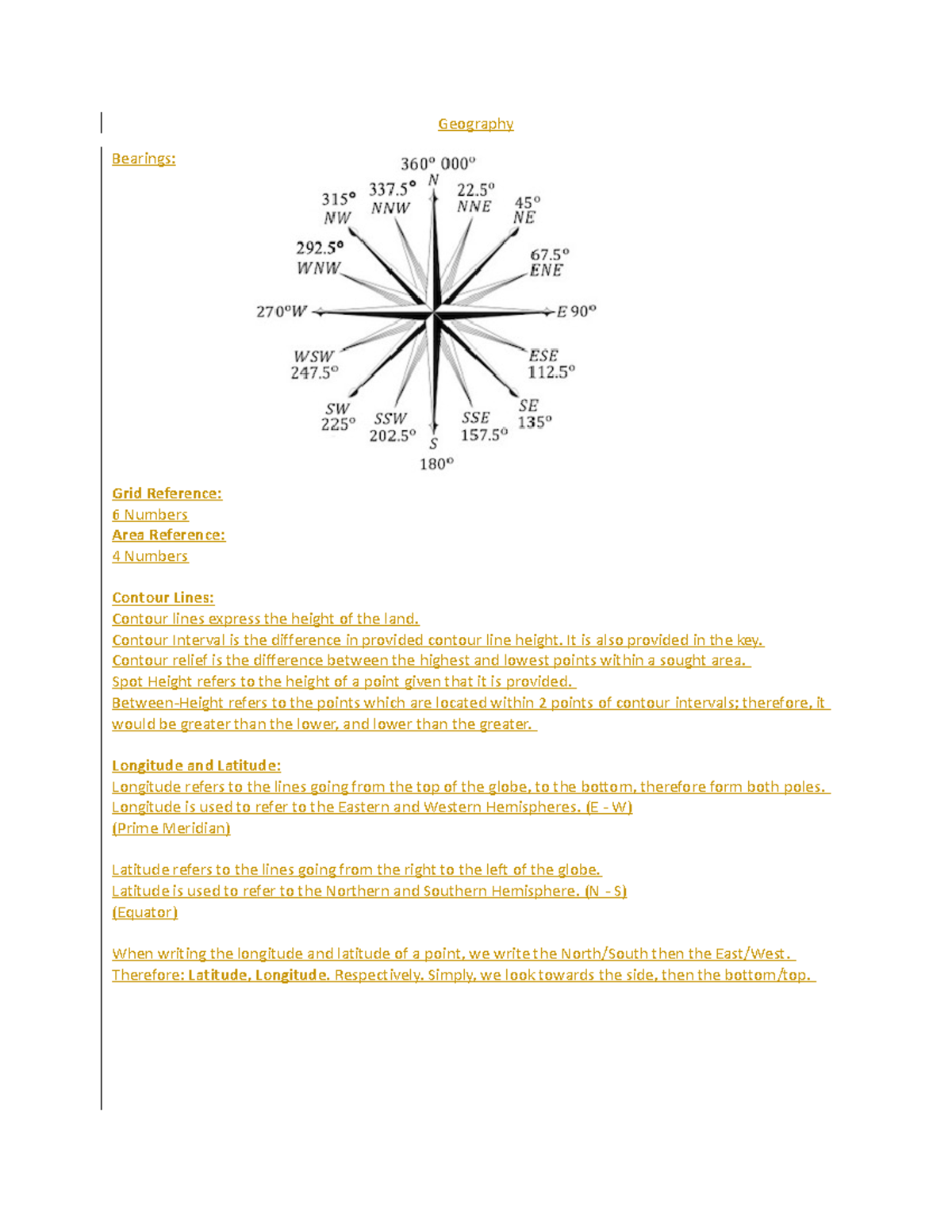 Geography Notes - Geography Bearings: Grid Reference: 6 Numbers Area ...