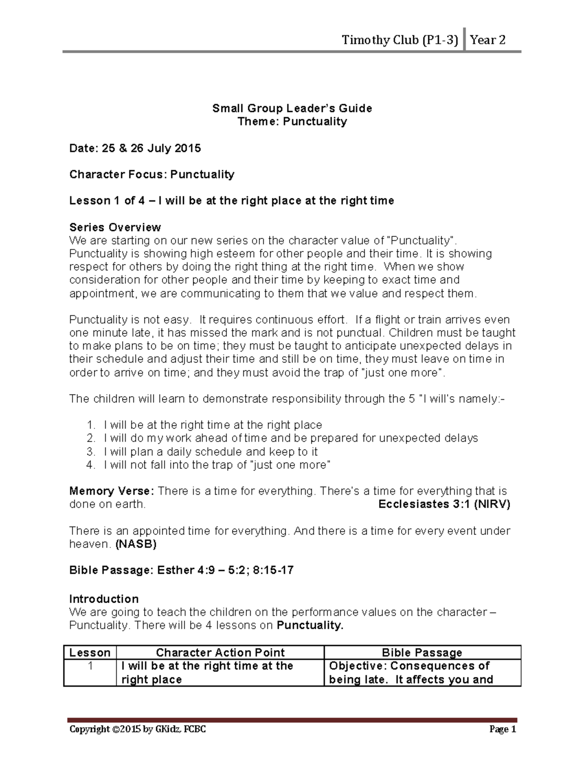 Punctuality lesson 1 - Small Group Leader’s Guide Theme: Punctuality ...