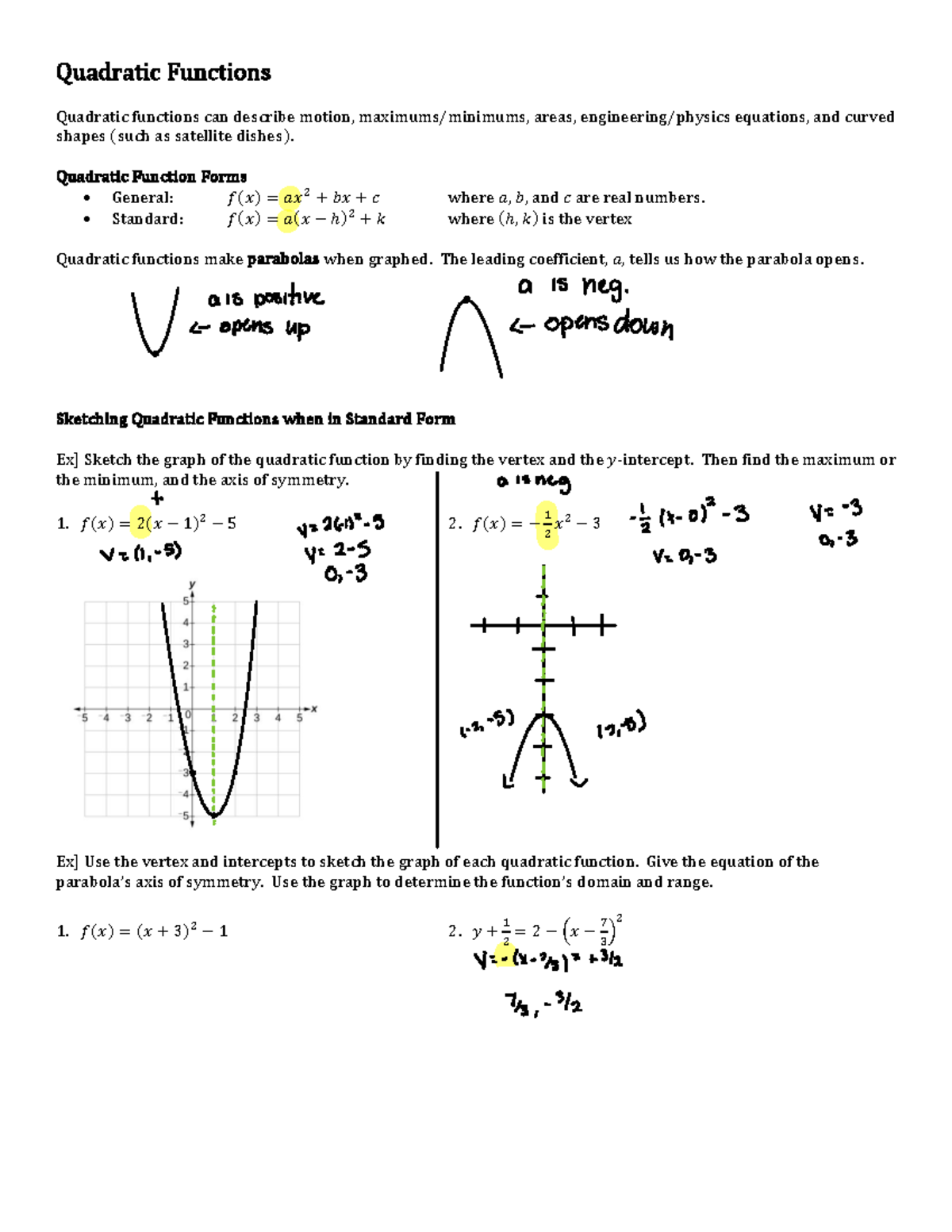 Math 2412 Unit 3 Notes (2.2-2.4 2.6-2.7 and 3 - Quadratic Functions ...
