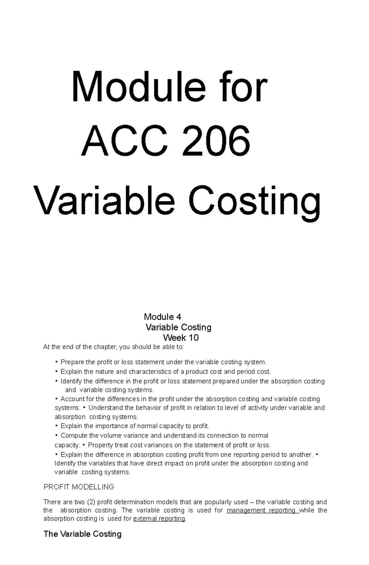 Module 4 Variable Costing - Module for ACC 206 Variable Costing Module 4 Variable Costing Week ...