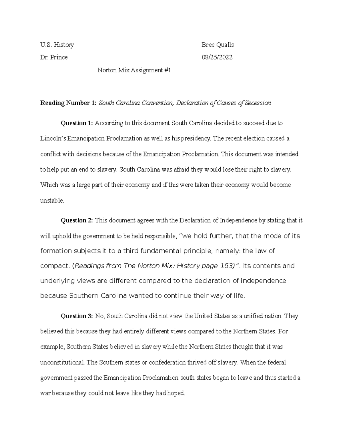 Norton Mix Assignment #1 - U. History Bree Qualls Dr. Prince 08/25 ...