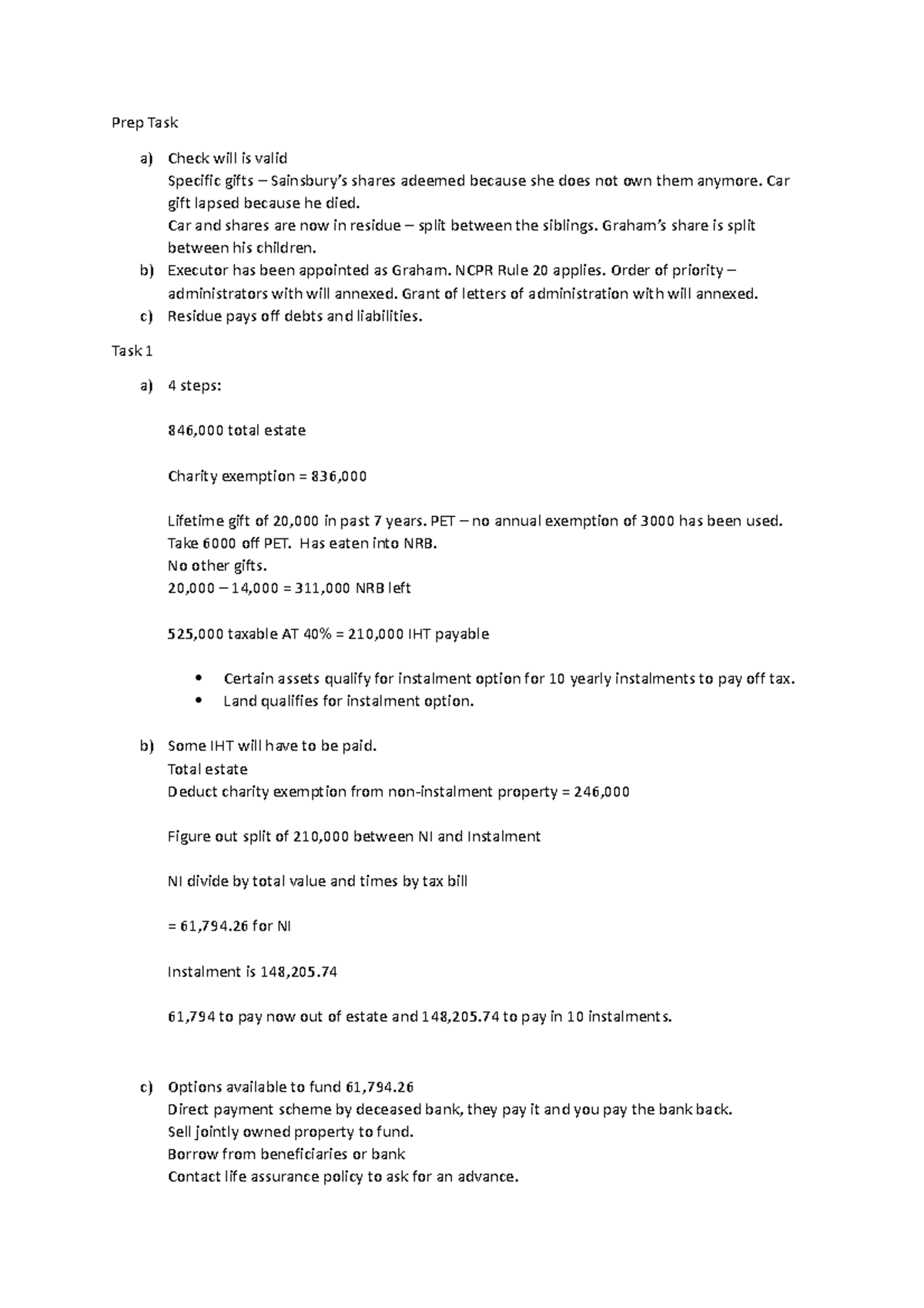 Wills WS2 - Notes - Prep Task a) Check will is valid Specific gifts ...
