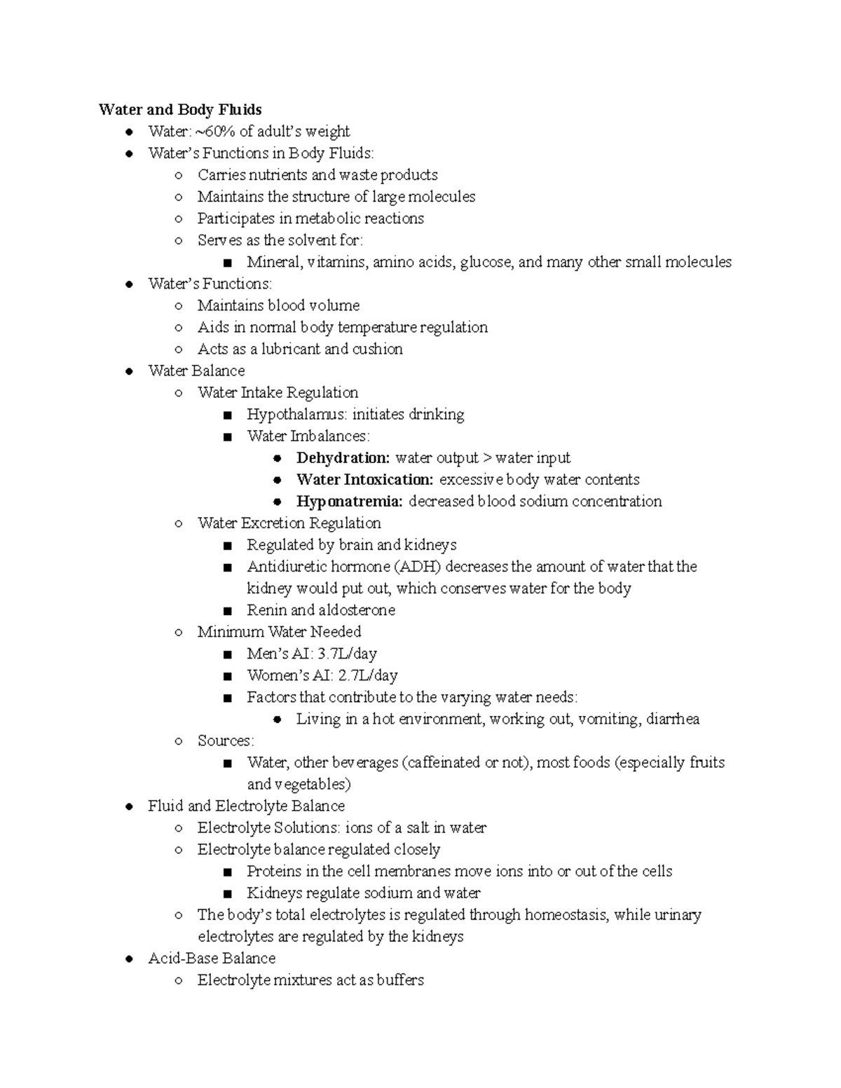 Water and Minerals - Notes from powerpoints - Water and Body Fluids ...