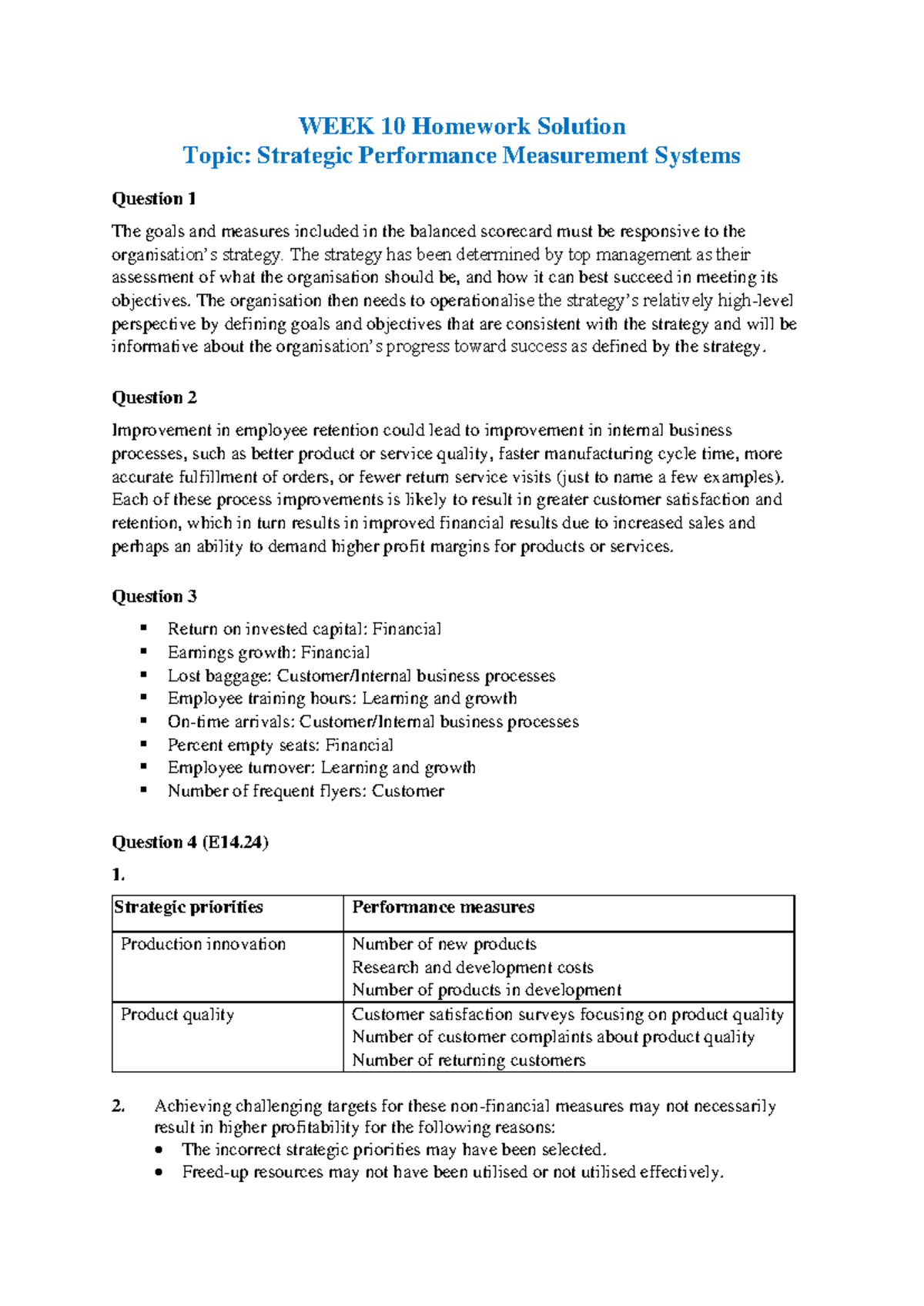 Week 10 Homework Solution - WEEK 10 Homework Solution Topic: Strategic Performance Measurement ...