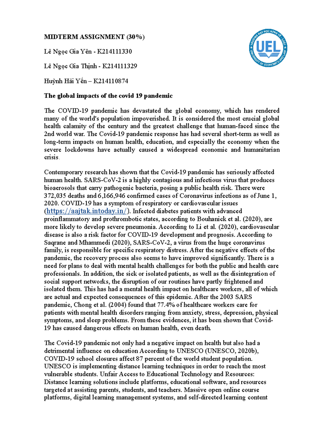 Midterm Assignment - tiếng anh học thuật - MIDTERM ASSIGNMENT (30%) Lê Ngọc Gia Yên - K Lê Ngọc ...