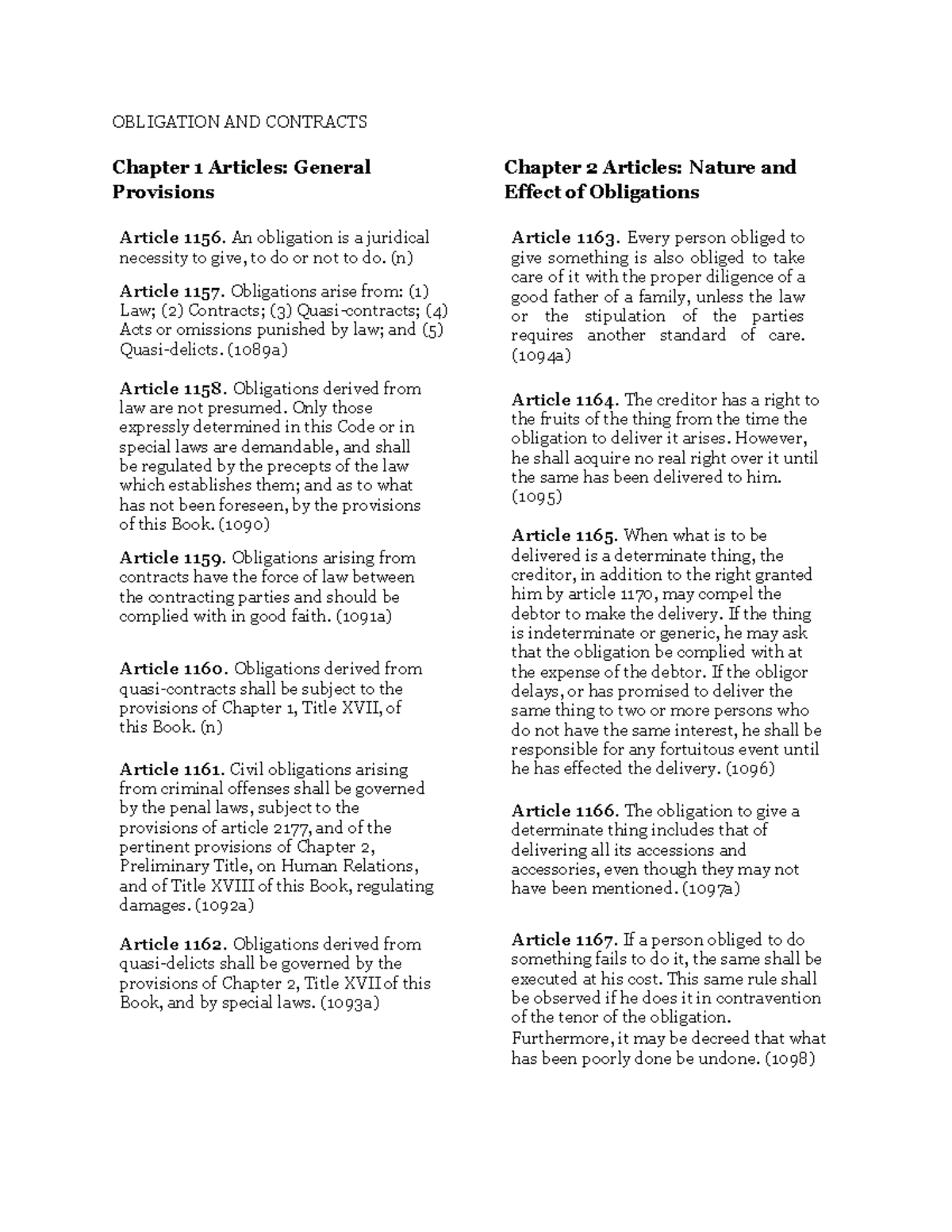 Oblicon Chapter 1 and 2 Articles - OBLIGATION AND CONTRACTS Chapter 1 ...