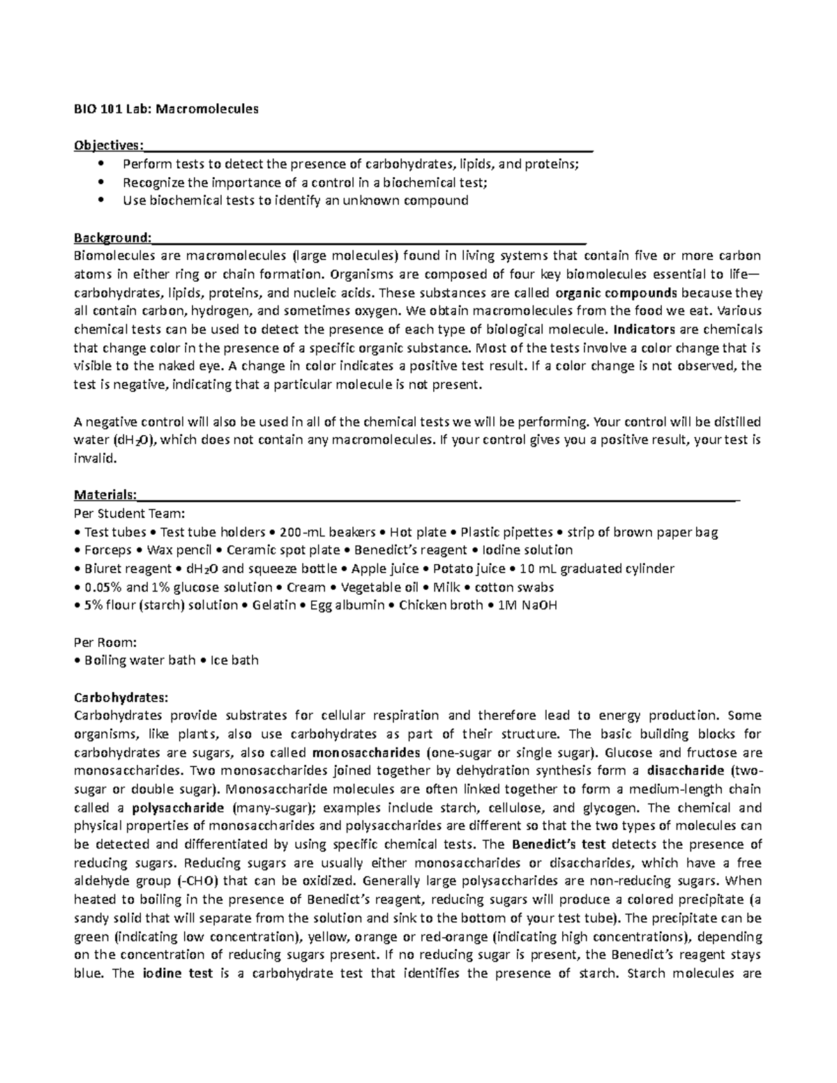 Macromolecule Lab BIO 101 - BIO 101 Lab: Macromolecules - Studocu