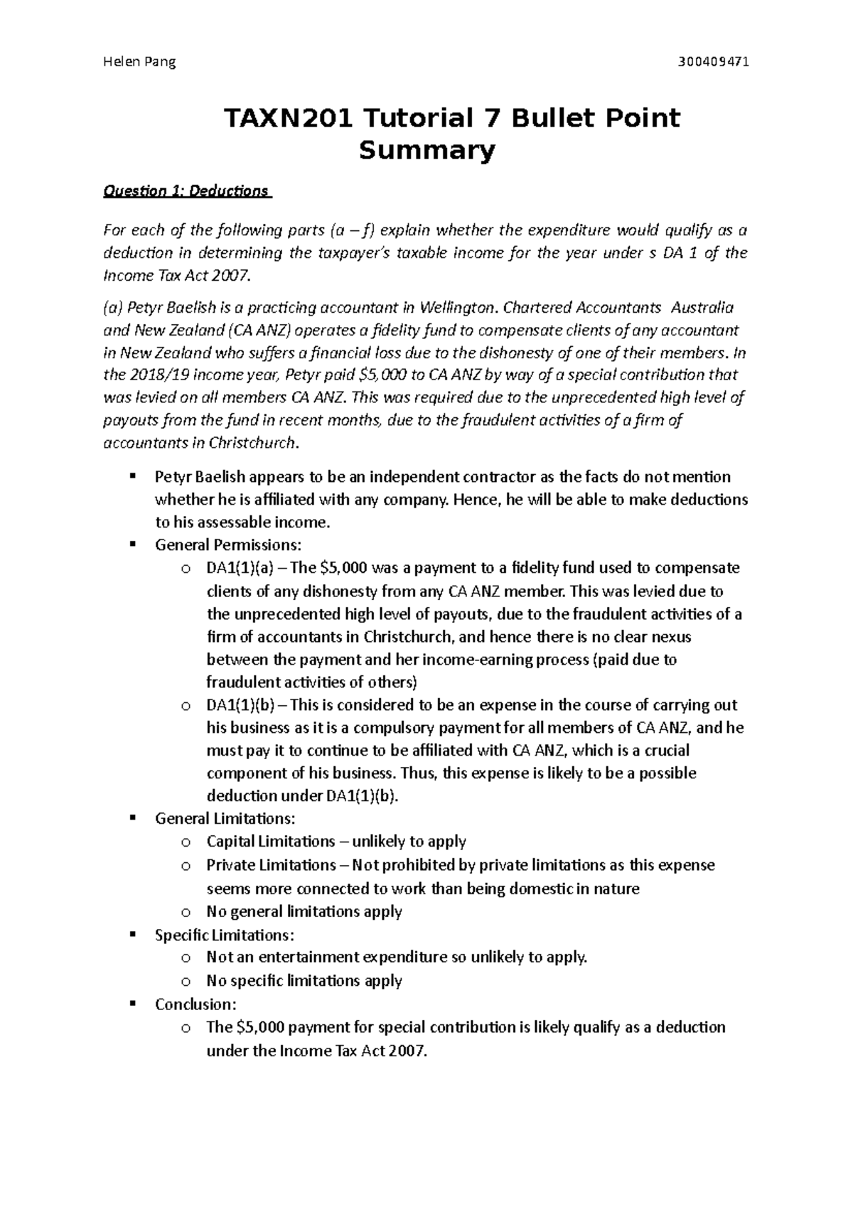 TAXN201 Tutorial 7 Bullet Point Summary - TAXN201 Tutorial 7 Bullet ...