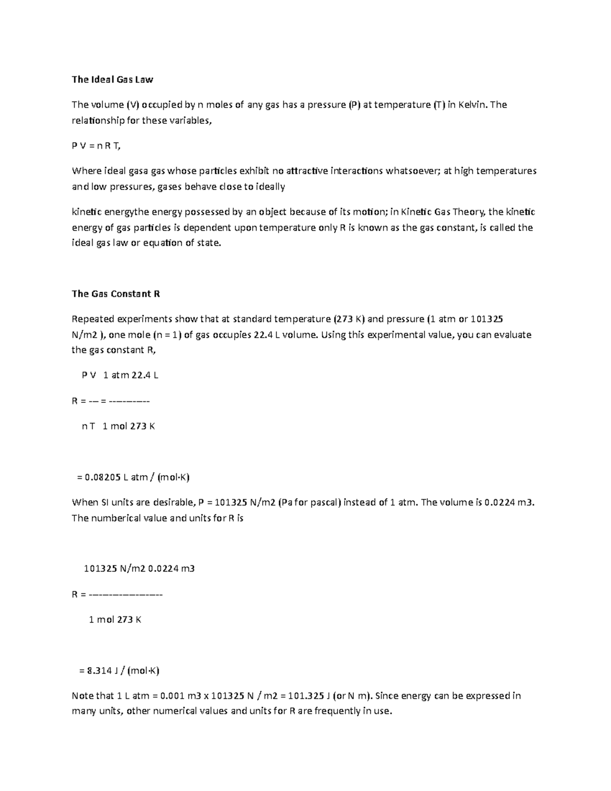 The Ideal Gas Law, lecture notes on general chemistry - General ...