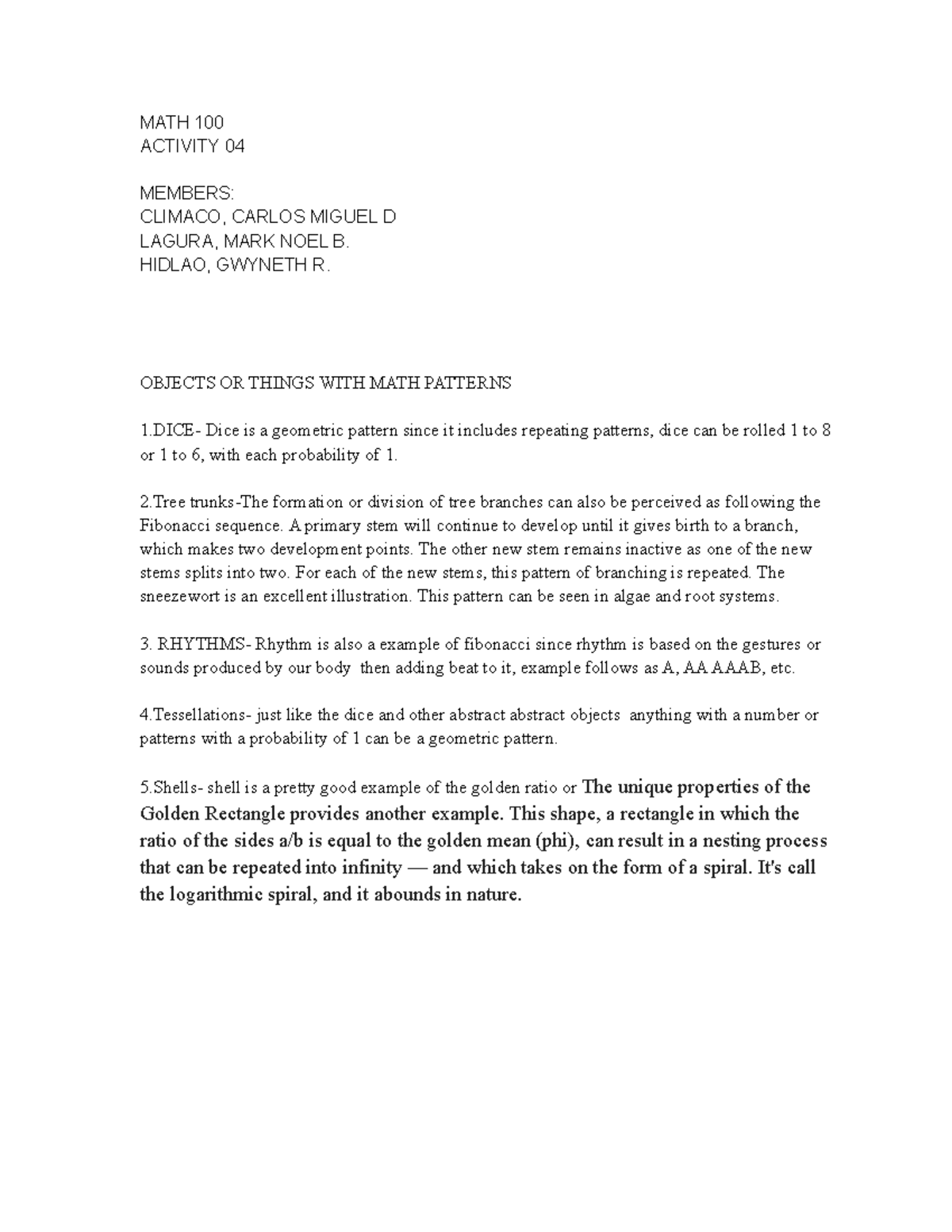 MATH 100 - ANSWERS - MATH 100 ACTIVITY 04 MEMBERS: CLIMACO, CARLOS ...