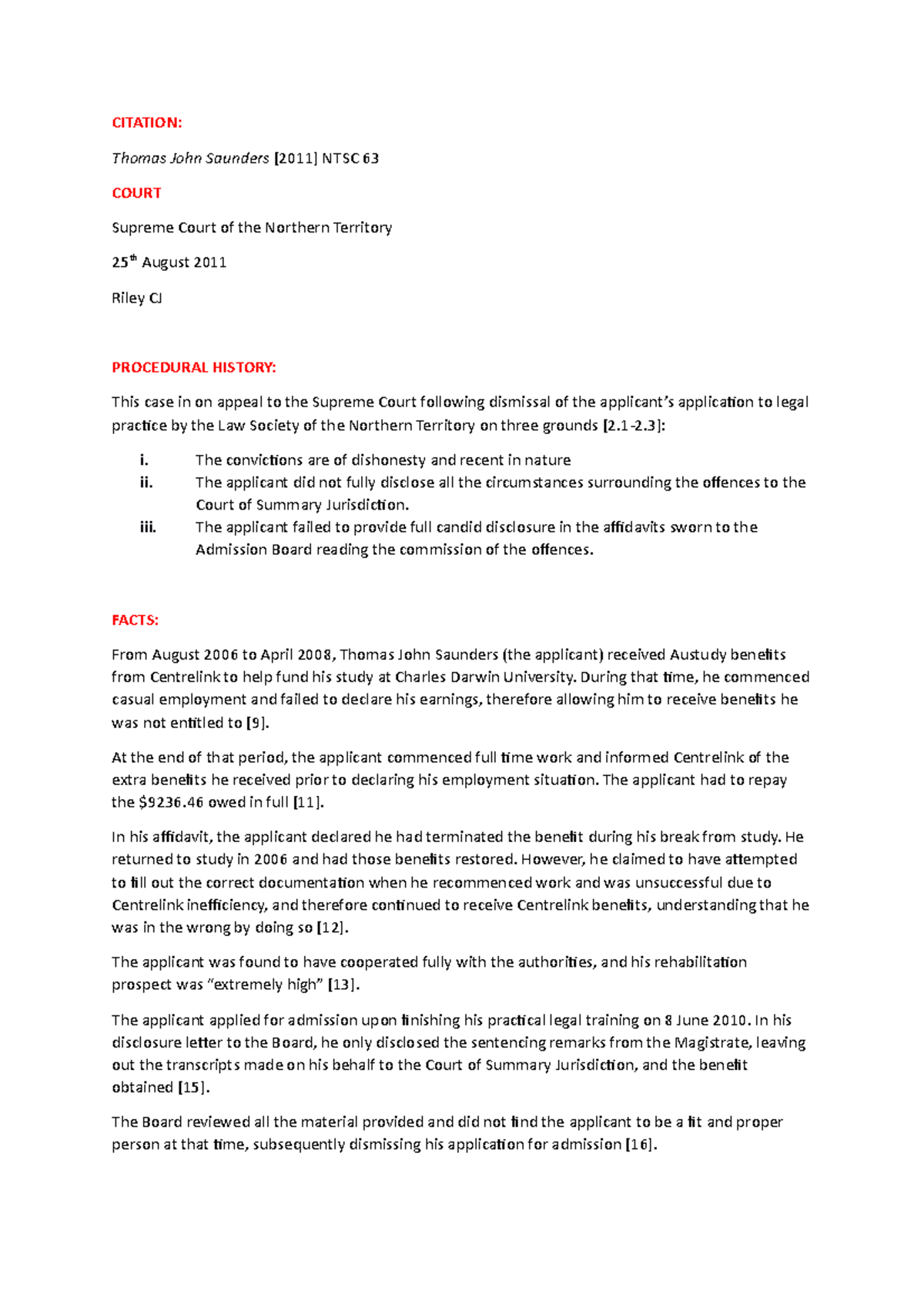 Thomas John Saunders - Case note example - CITATION: Thomas John ...