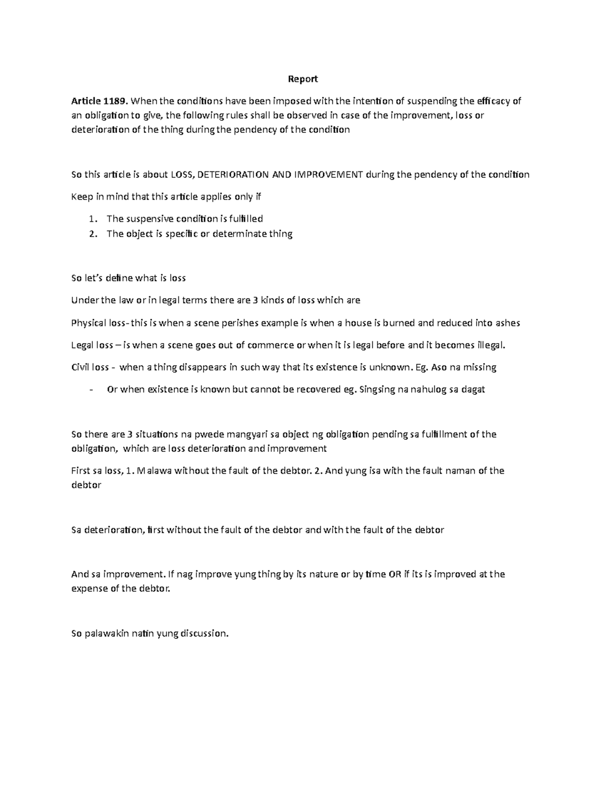 Oblicon Report - Lecture on obligations and contracts - Report Article ...