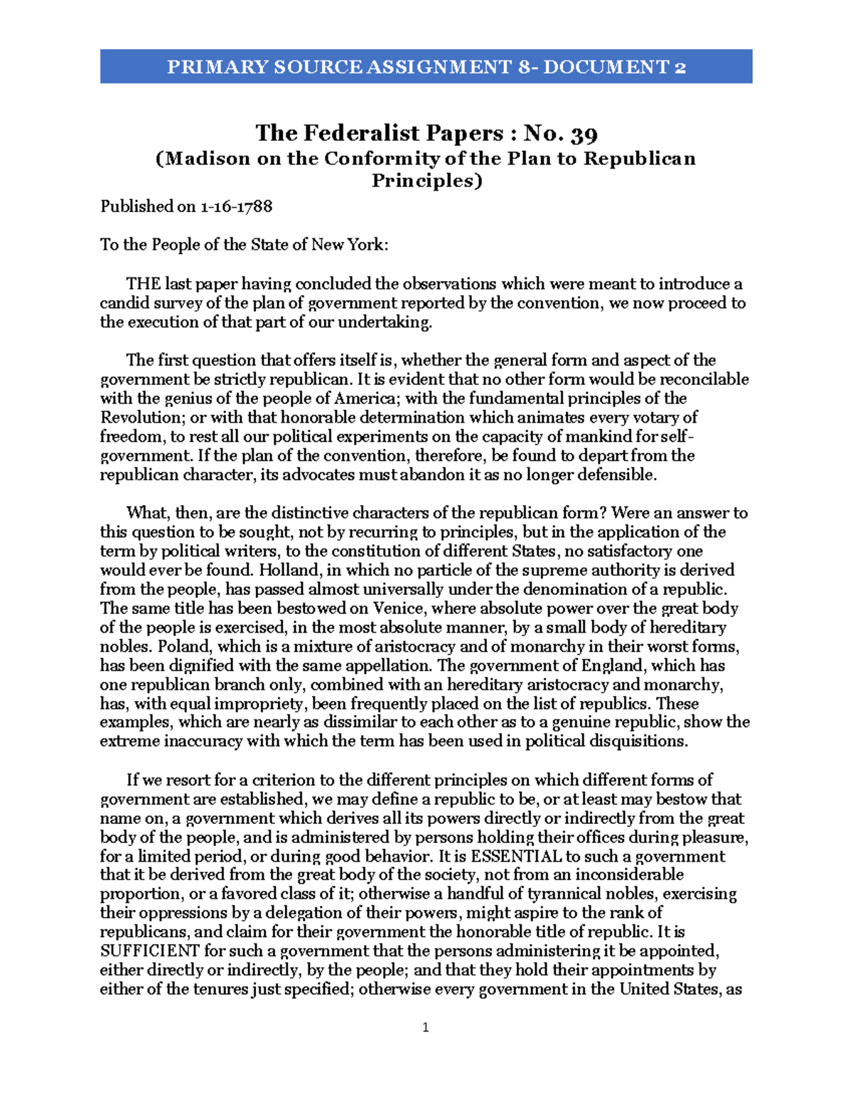The Federalist Papers # 39 - The Federalist Papers : No. 39 (Madison on ...