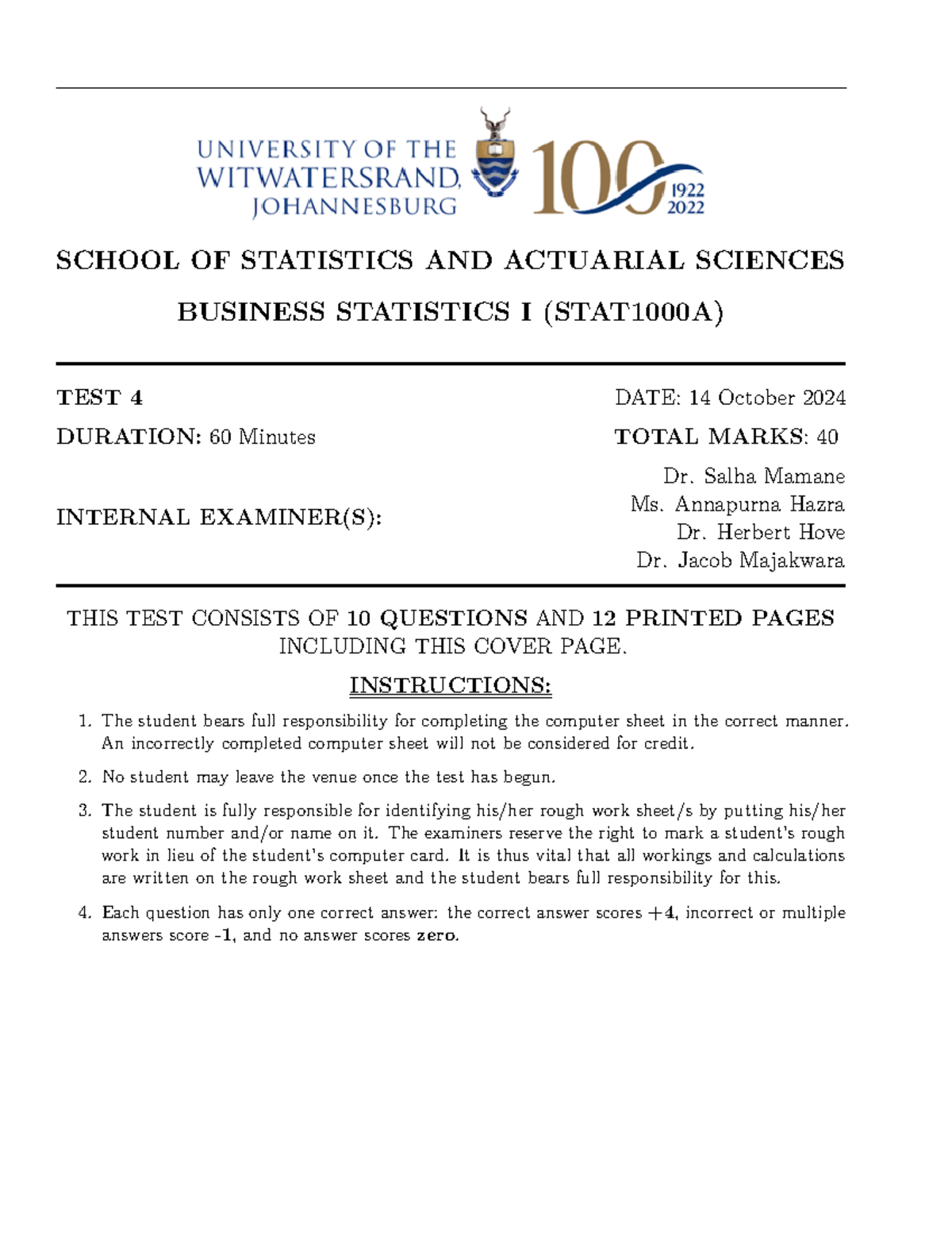 Test4 - Test 4 Question and Answers - SCHOOL OF STATISTICS AND ...