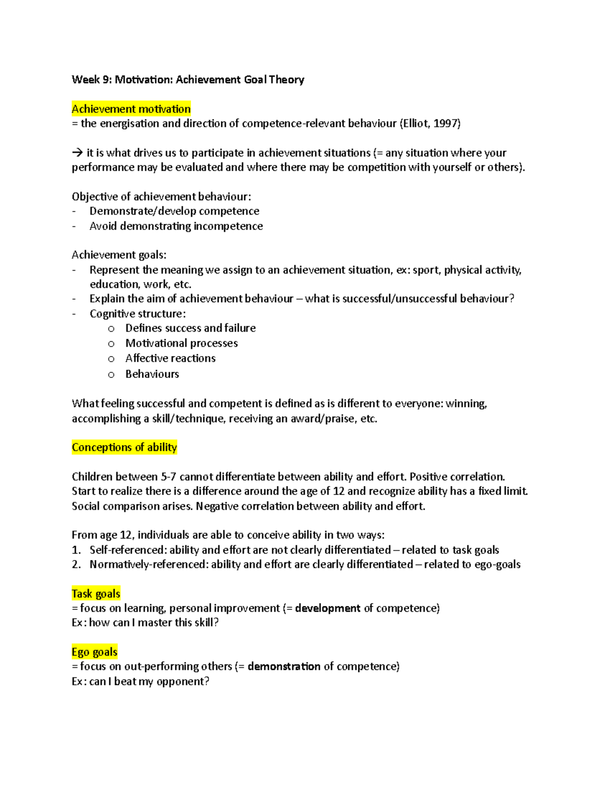 Psychology 7 - Lecture notes 7 - Week 9: Motivation: Achievement Goal ...