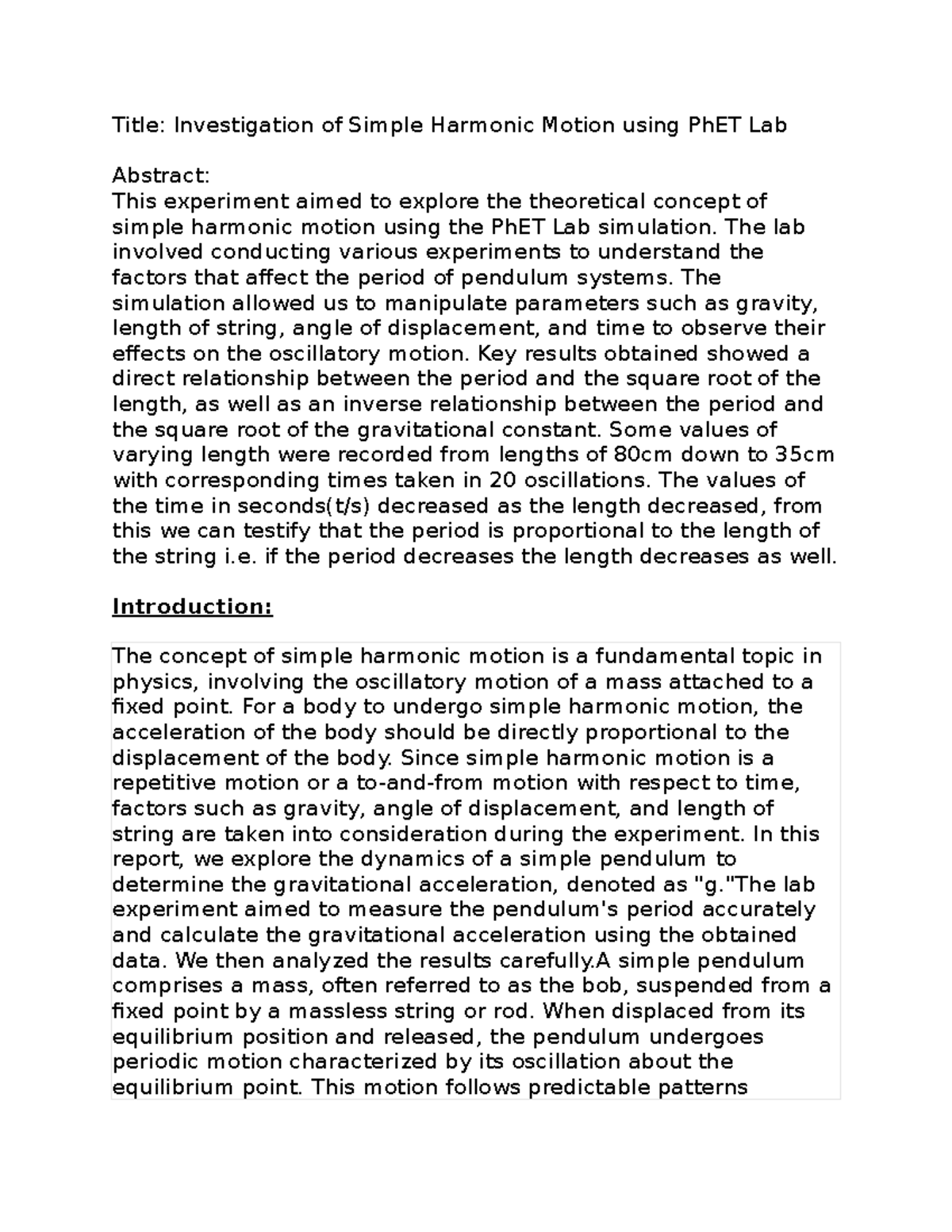 Phet simulation report - Title: Investigation of Simple Harmonic Motion ...