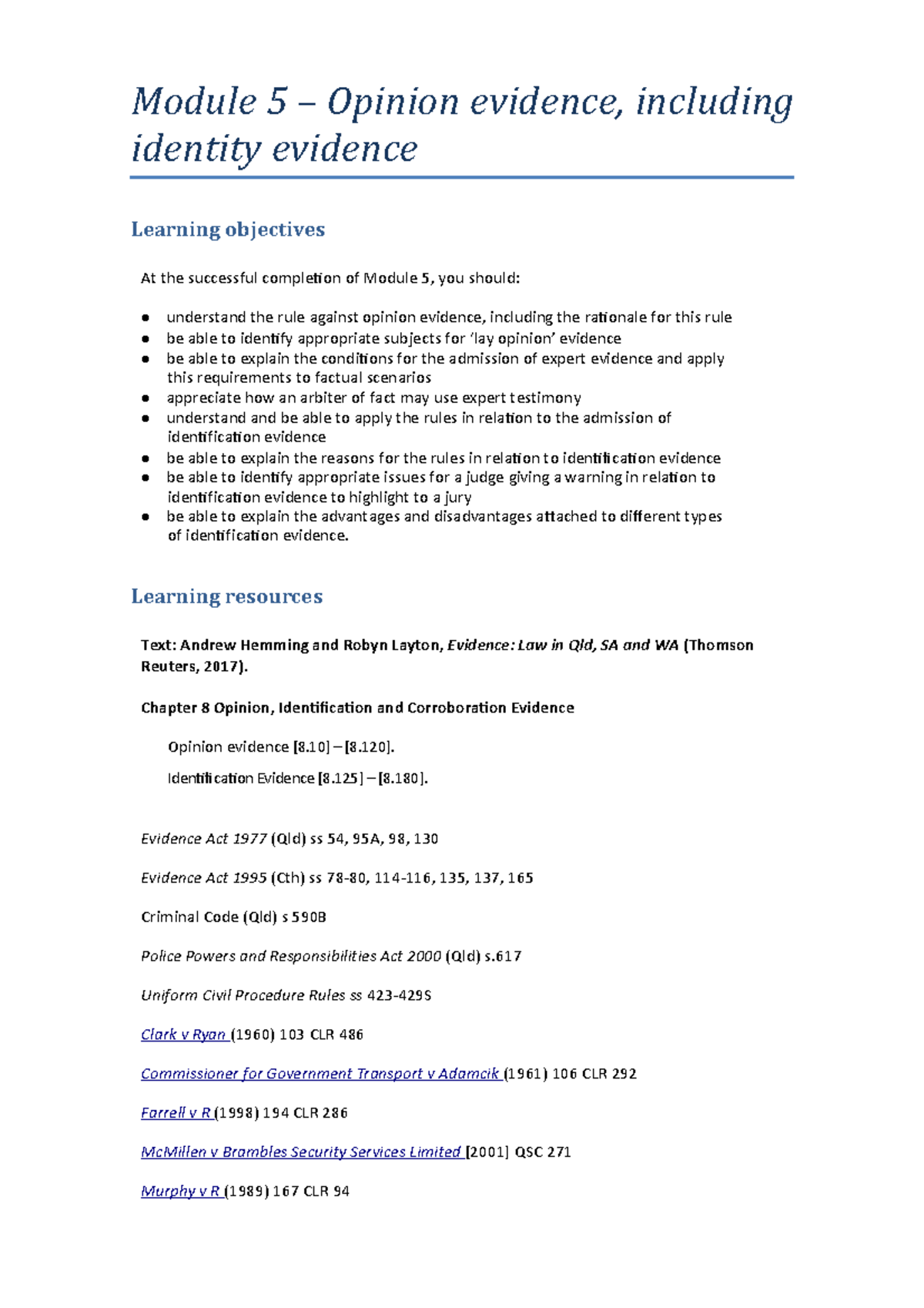 Module 5 Opinion Evidence and Identity Evidence - Module 5 – Opinion ...