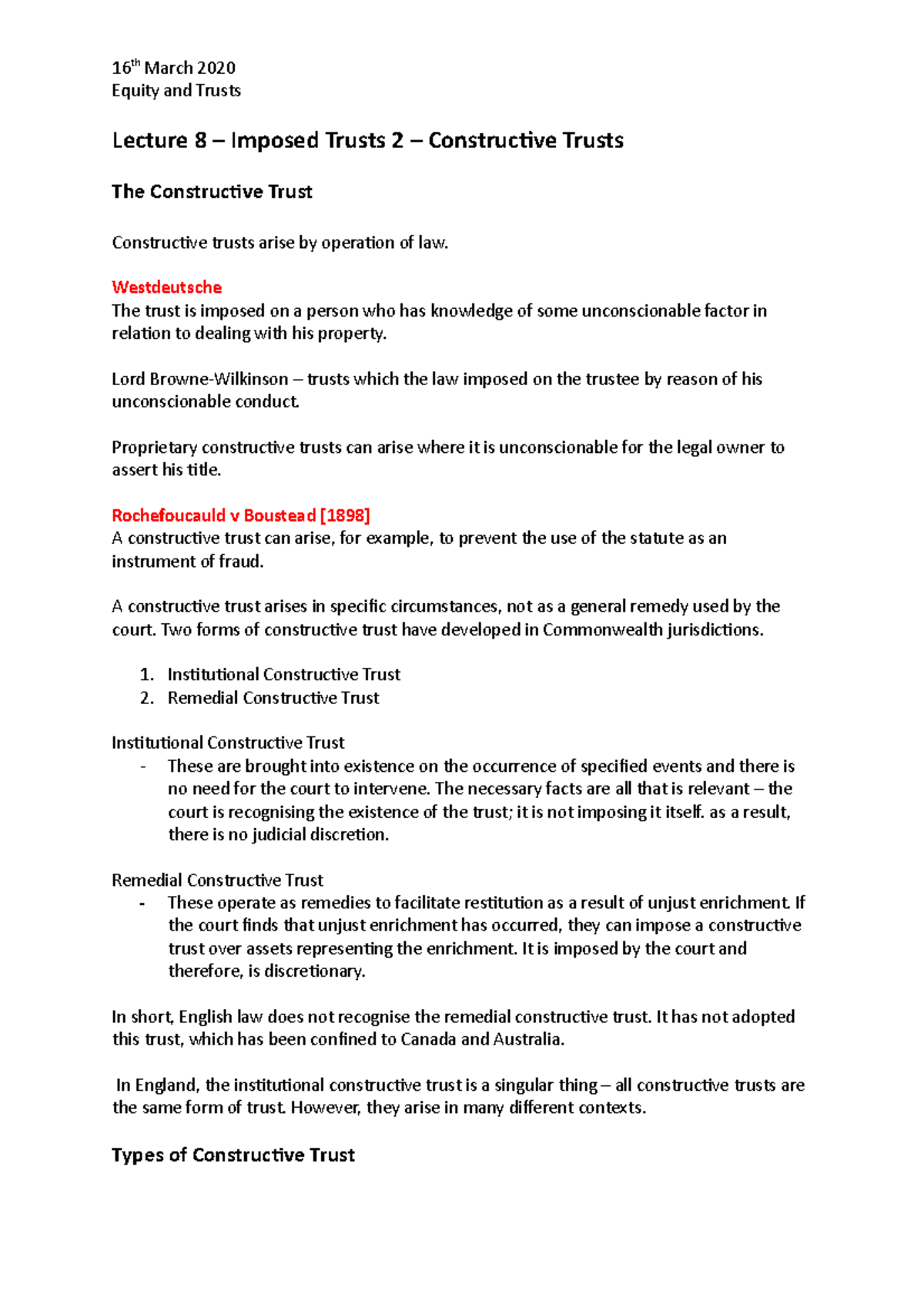 L8 Constructive Trusts - Equity and Trusts Lecture 8 – Imposed Trusts 2 – Constructive Trusts ...