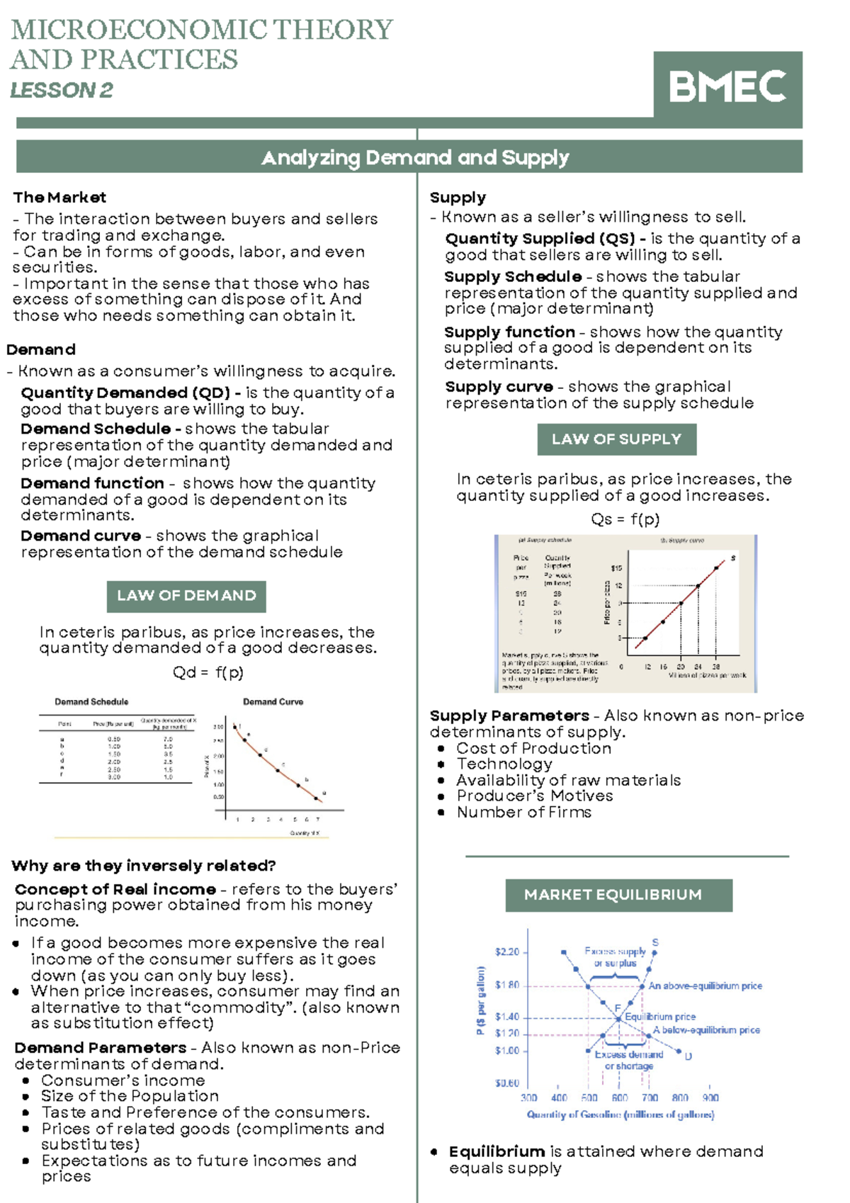 Micro Lesson 2 - MICROECONOMIC THEORY AND PRACTICES LESSON 2 BMEC The ...