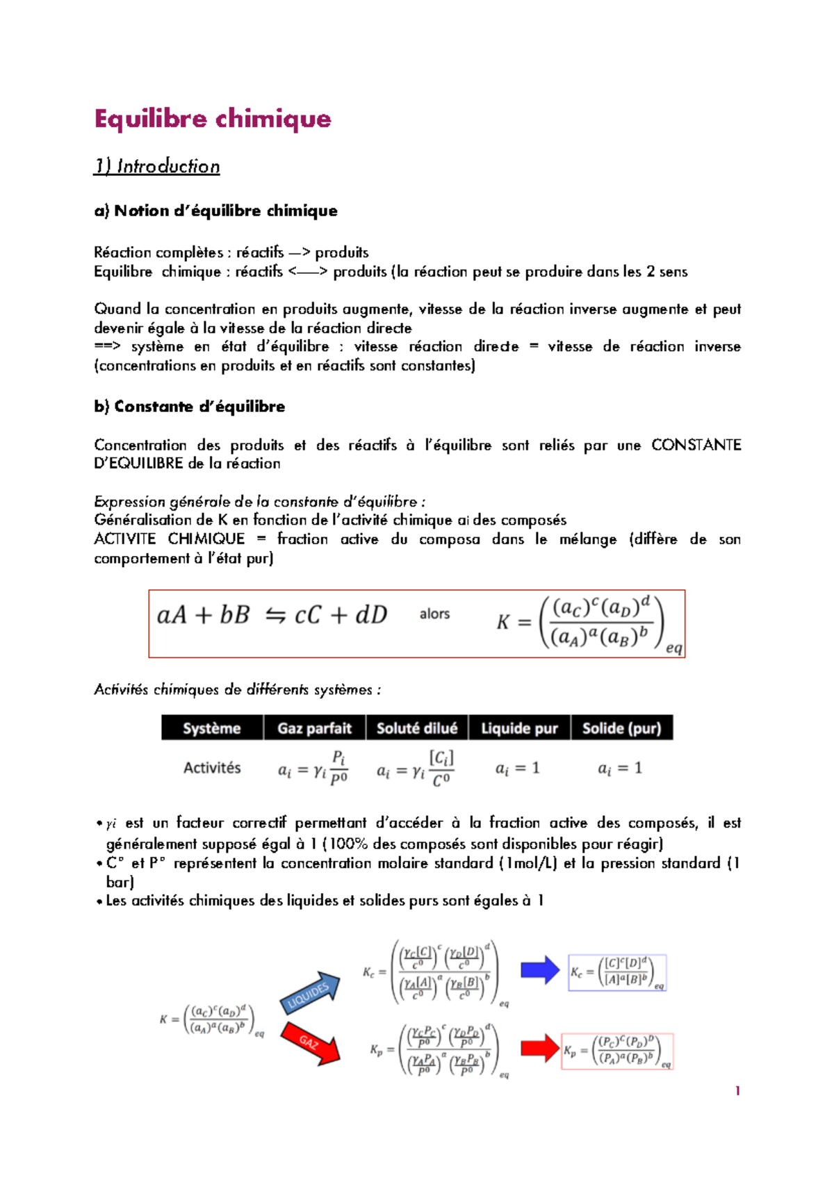 Equilibre chimique - Bachelor en médecine humaine Université de Fribourg - Equilibre chimique 1 ...