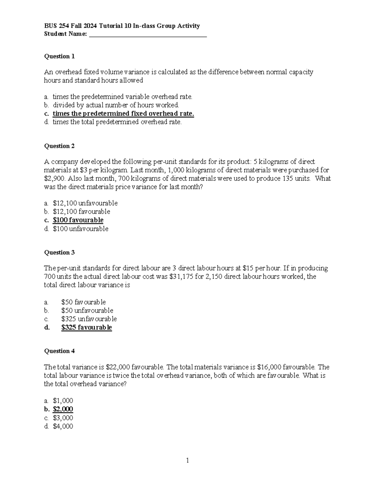 Tutorial 10 Q &A for posting (Surrey) - BUS 254 Fall 2024 Tutorial 10 In-class Group Activity ...