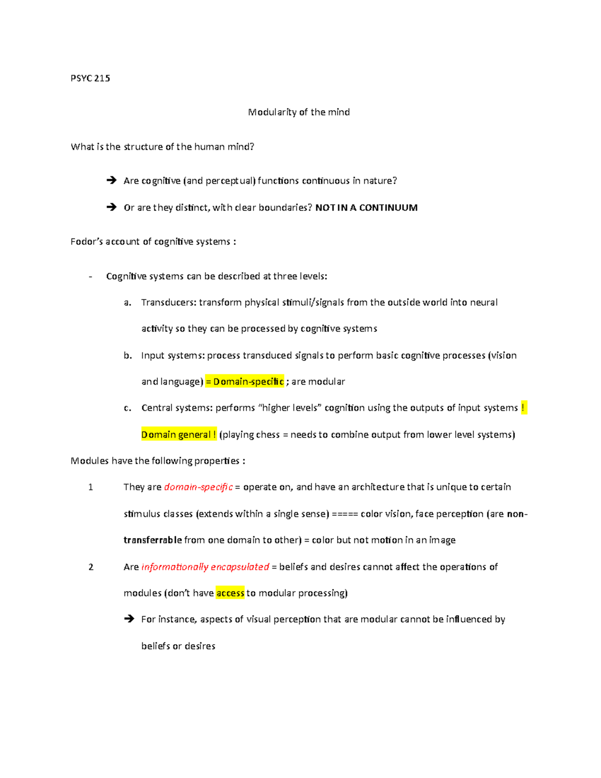 Modularity of the Mind - Lecture Notes Week 4 - PSYC 215 Modularity of ...