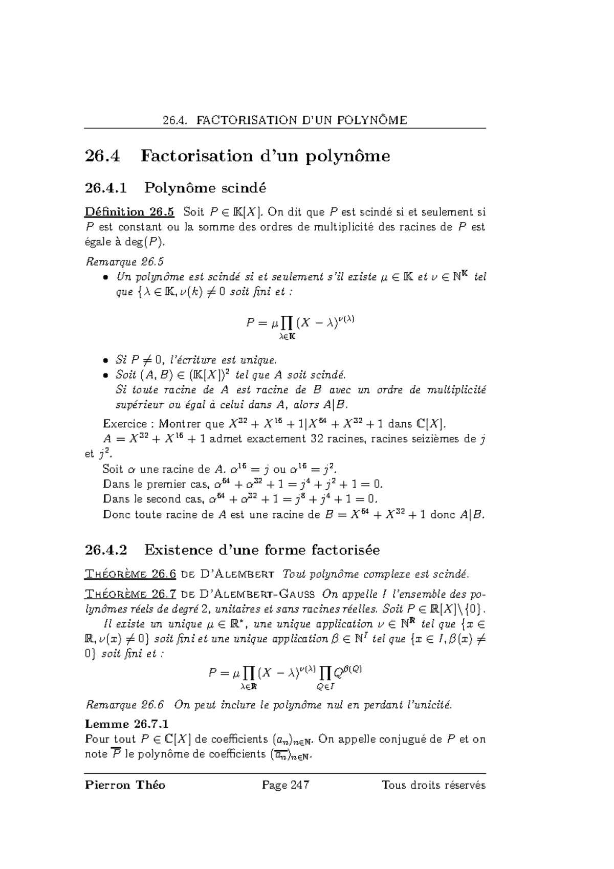 Maths mpsi-89 - 26. FACTORISATION D’UN POLYNÔME 26 Factorisation d’un ...