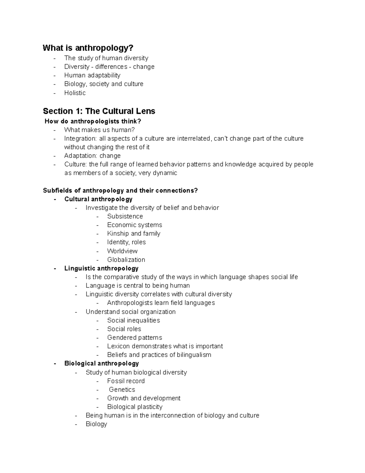 ANTH1102 Exam 1 - Lecture notes All - What is anthropology? The study ...