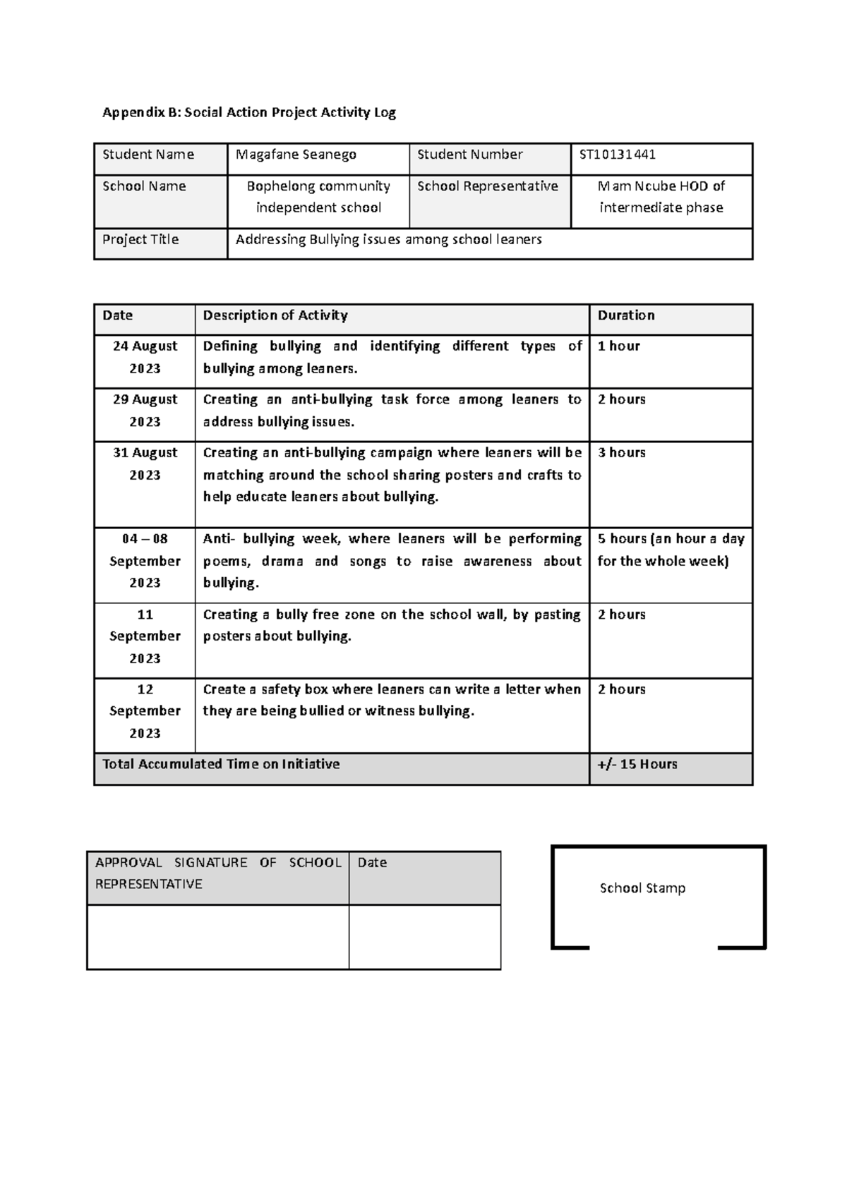 Appendix B (TE405) - Placement form - Appendix B: Social Action Project ...