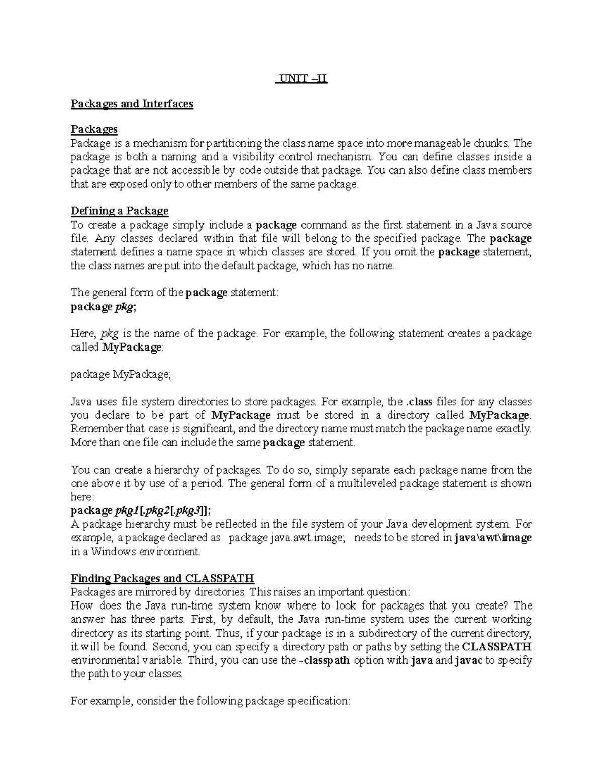 Unit 2 Packages And Interfaces Exception Handlingdocx Unit Ii Packages And Interfaces