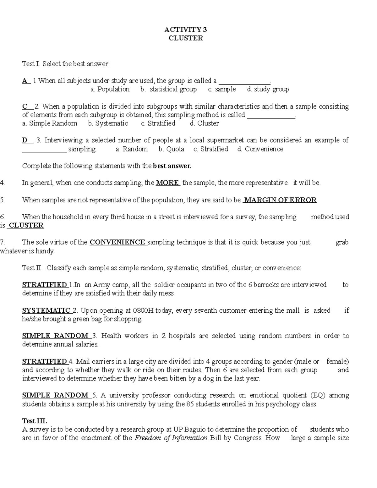 Cluster - ACTIVITY 3 CLUSTER Test I. Select the best answer: A 1 When ...