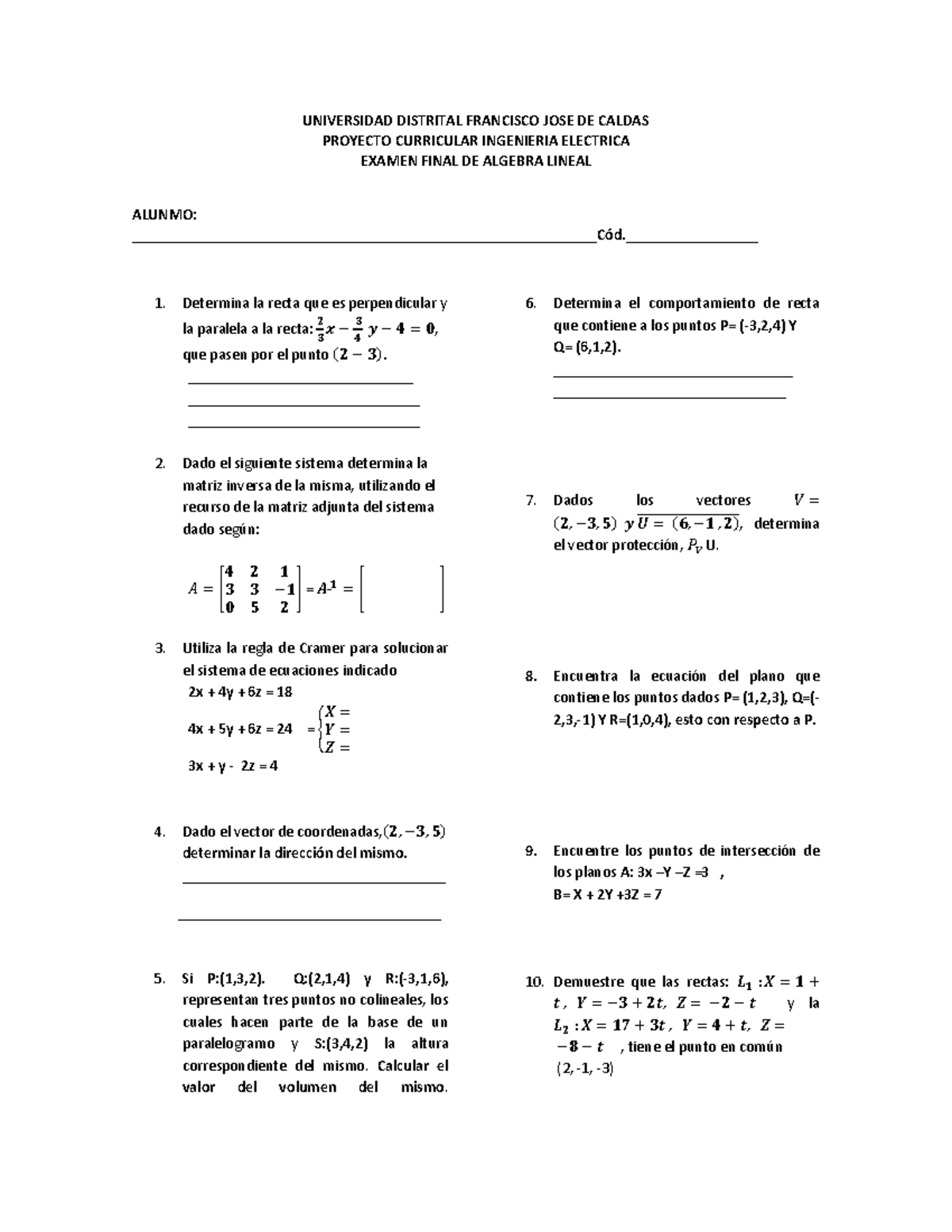 Examen Final DE Algebra Lineal UD 03-2020 - UNIVERSIDAD DISTRITAL ...