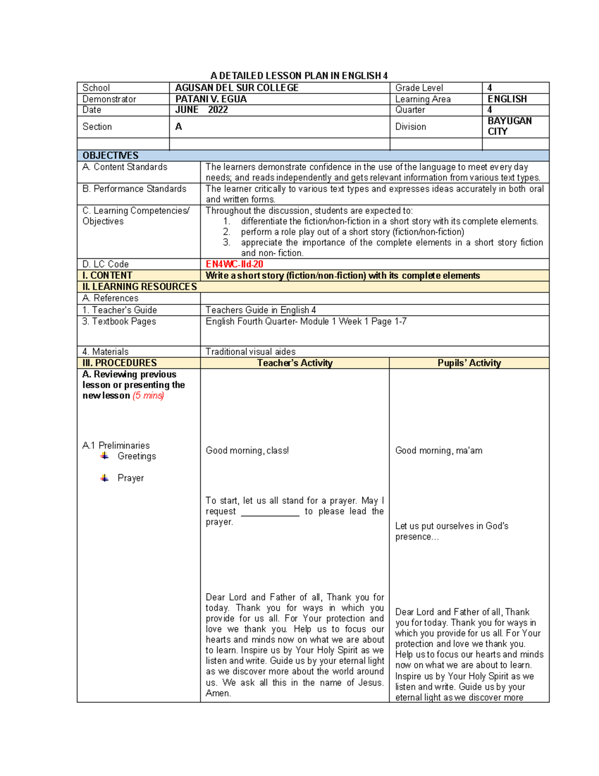 A Detailed Lesson PLAN IN English 4-TEE1 EGUA, Patani - A DETAILED ...