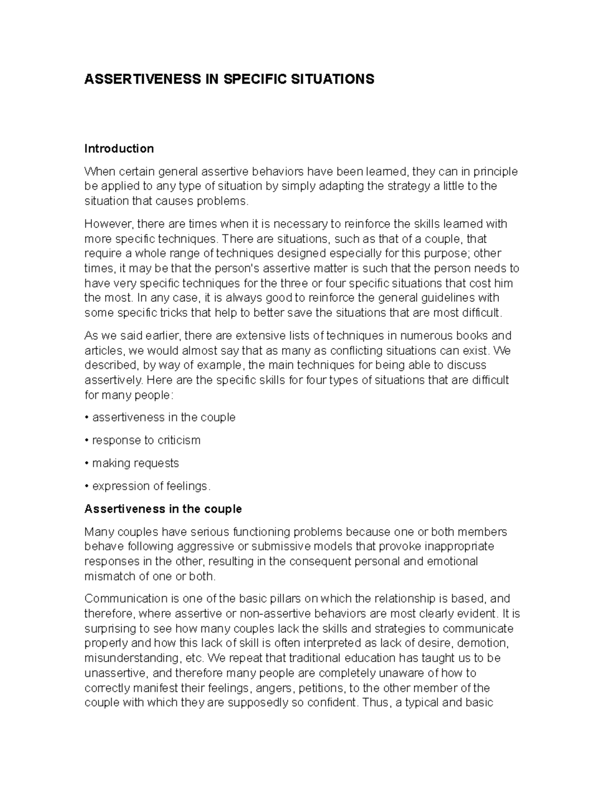 Assertiveness in specific situations - ASSERTIVENESS IN SPECIFIC ...